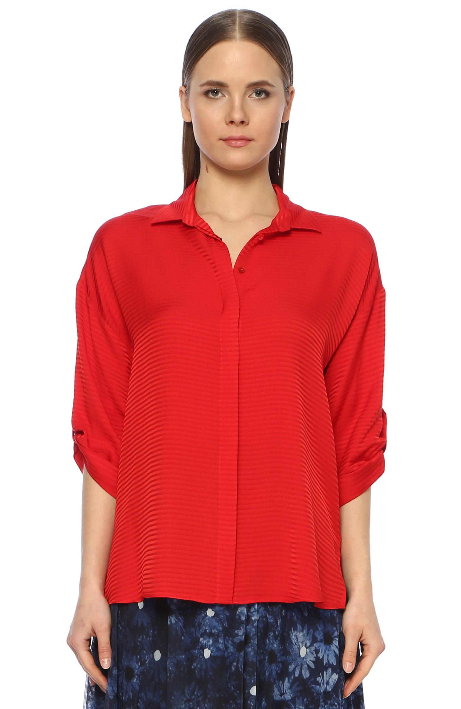 Regular Fit Kırmızı Çizgili İngiliz Yaka Gömlek