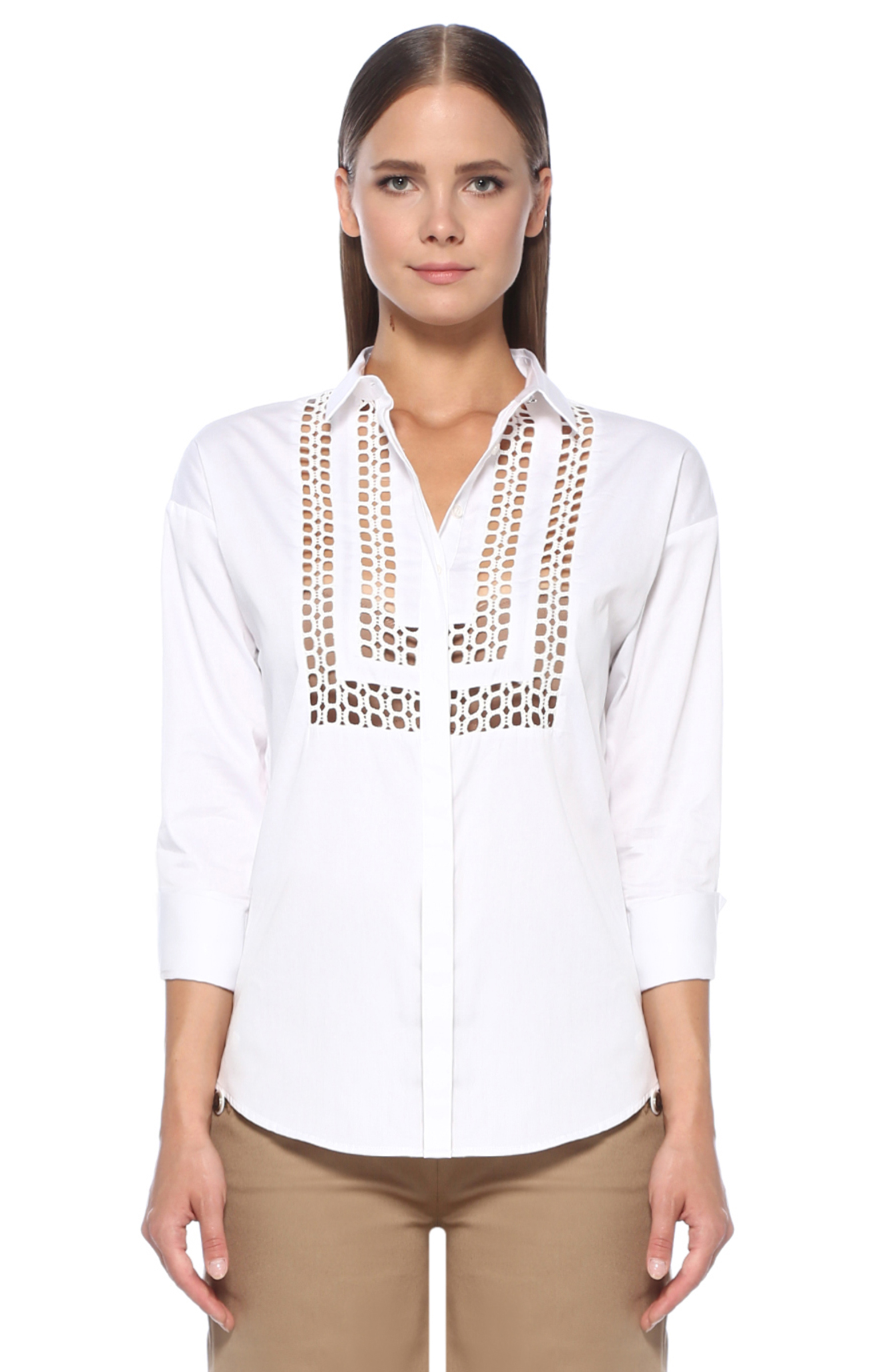 Slim Fit Beyaz Delikli Nakışlı Gömlek Slim Fit Beyaz Delikli Nakışlı Gömlek