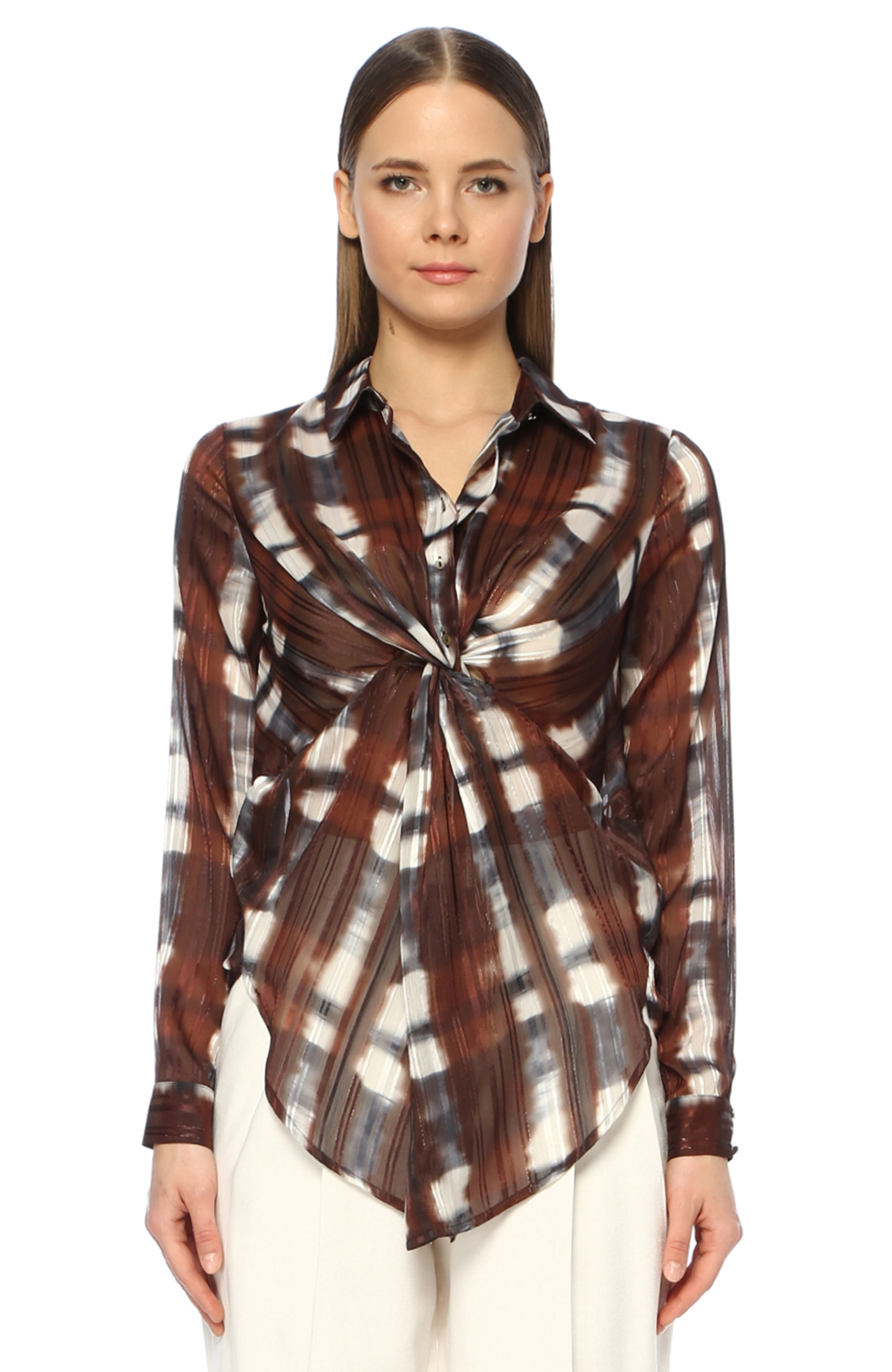 Regular Fit Kahverengi Batik Desenli Gömlek Regular Fit Kahverengi Batik Desenli Gömlek