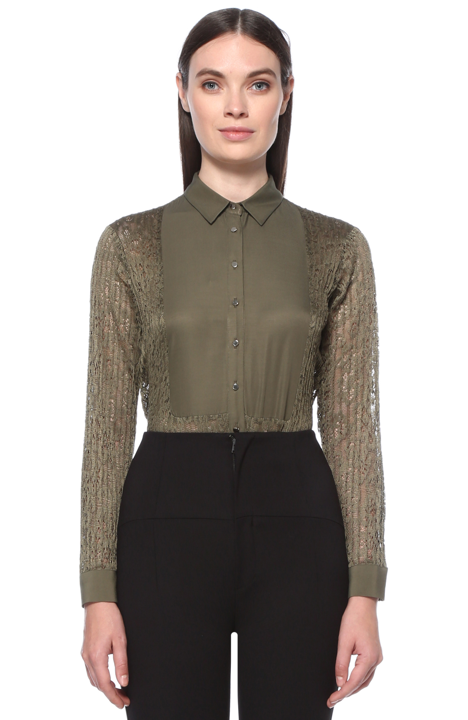 Regular Fit Haki Dantel Garnili Gömlek Regular Fit Haki Dantel Garnili Gömlek