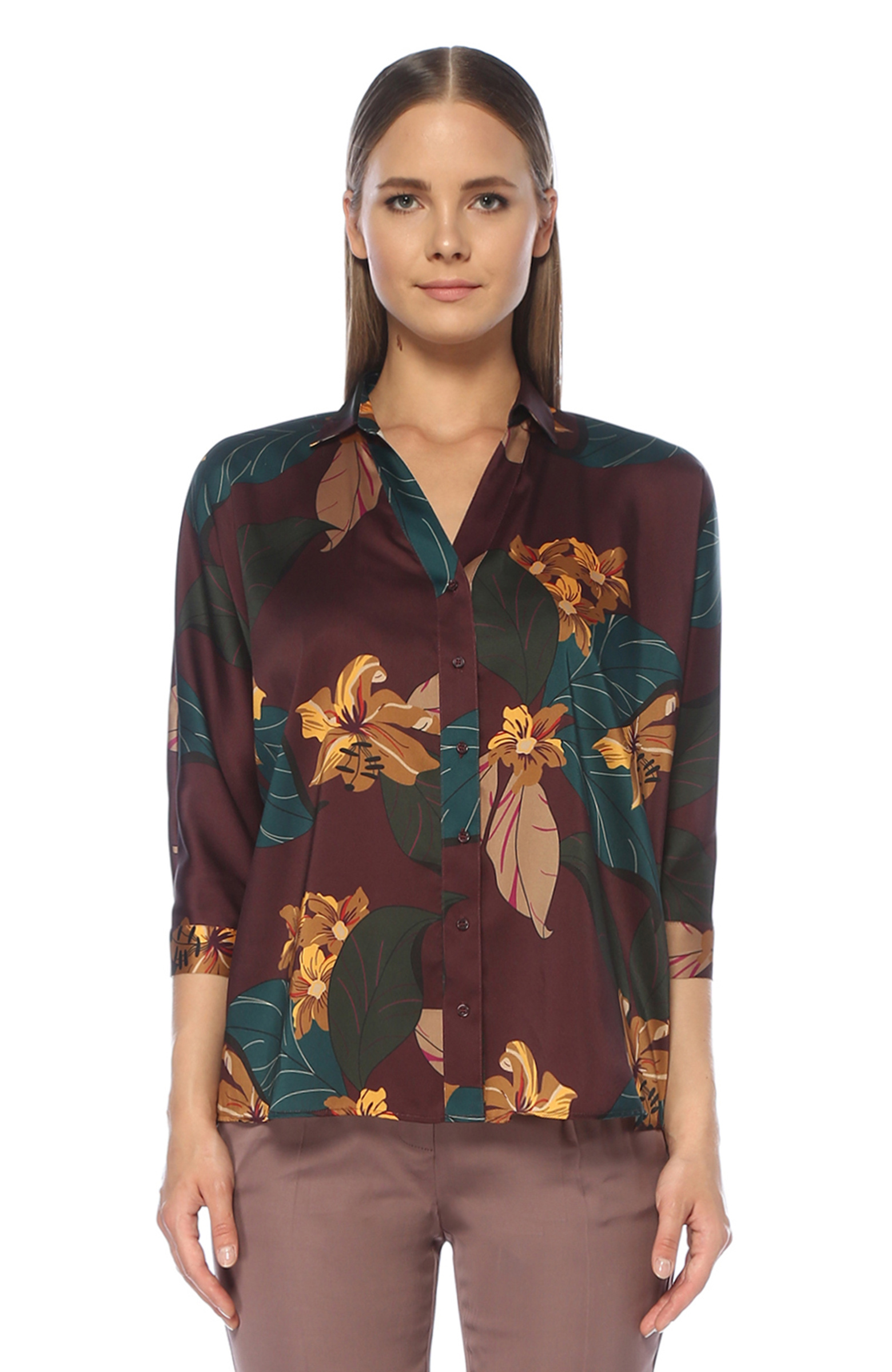 Mürdüm Karışık Desenli İngiliz Yaka Gömlek