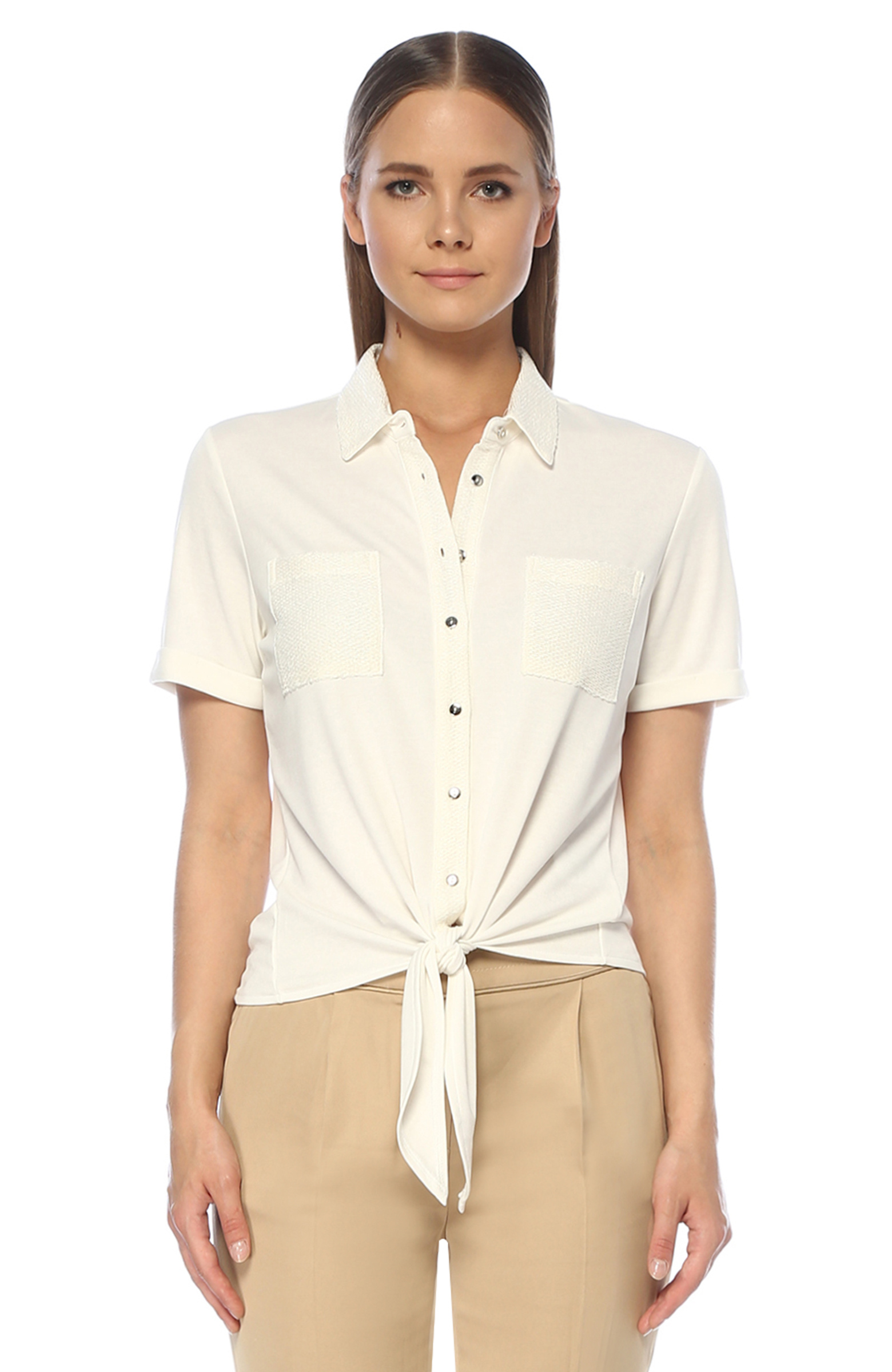 Slim Fit Beyaz Bağlamalı Gömlek