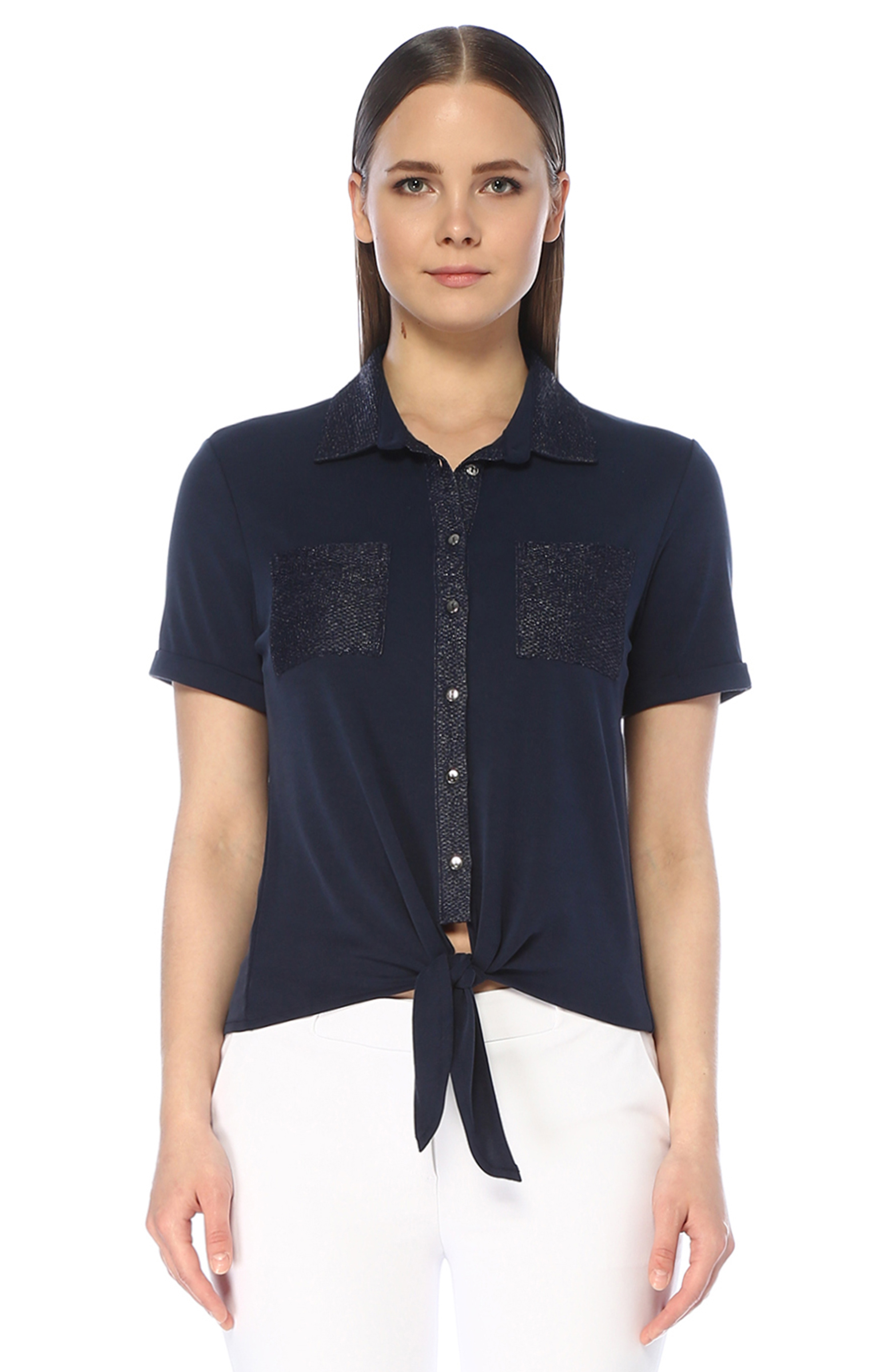 Slim Fit Lacivert Polo Yaka Sim Dokulu Gömlek Slim Fit Lacivert Polo Yaka Sim Dokulu Gömlek