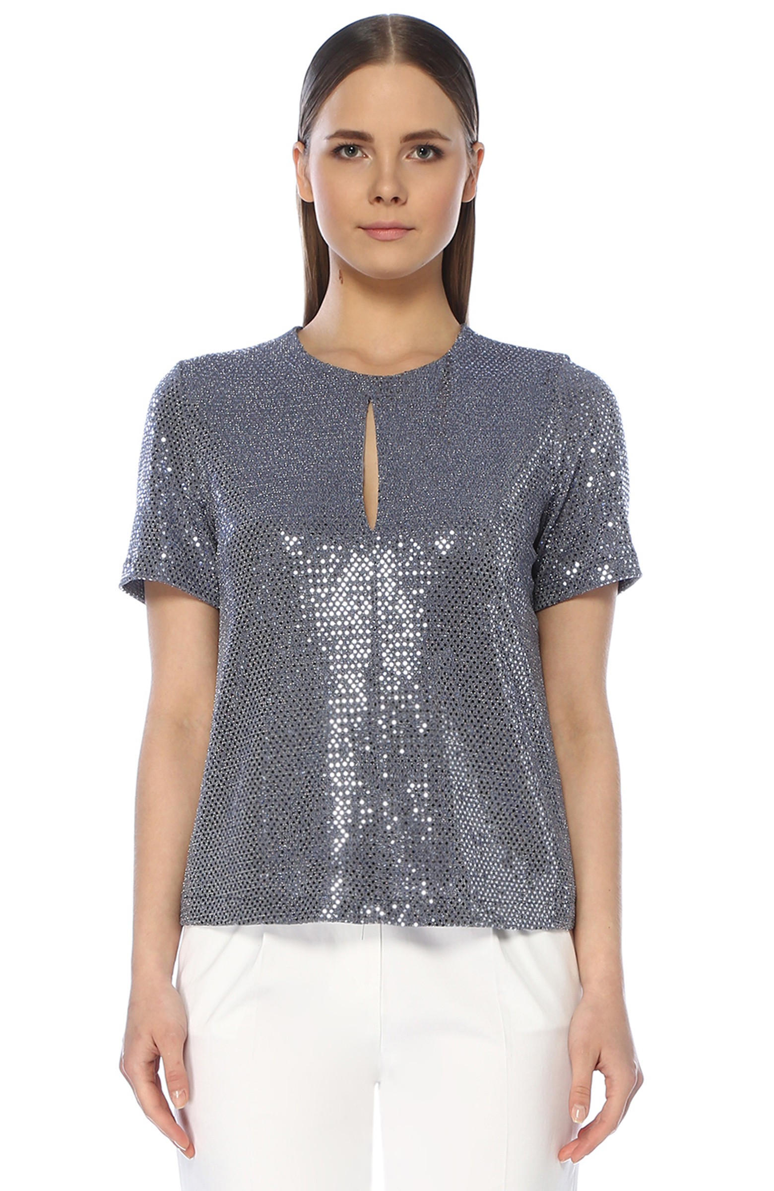 Mavi Yaka Detaylı Payetli Bluz Mavi Yaka Detaylı Payetli Bluz