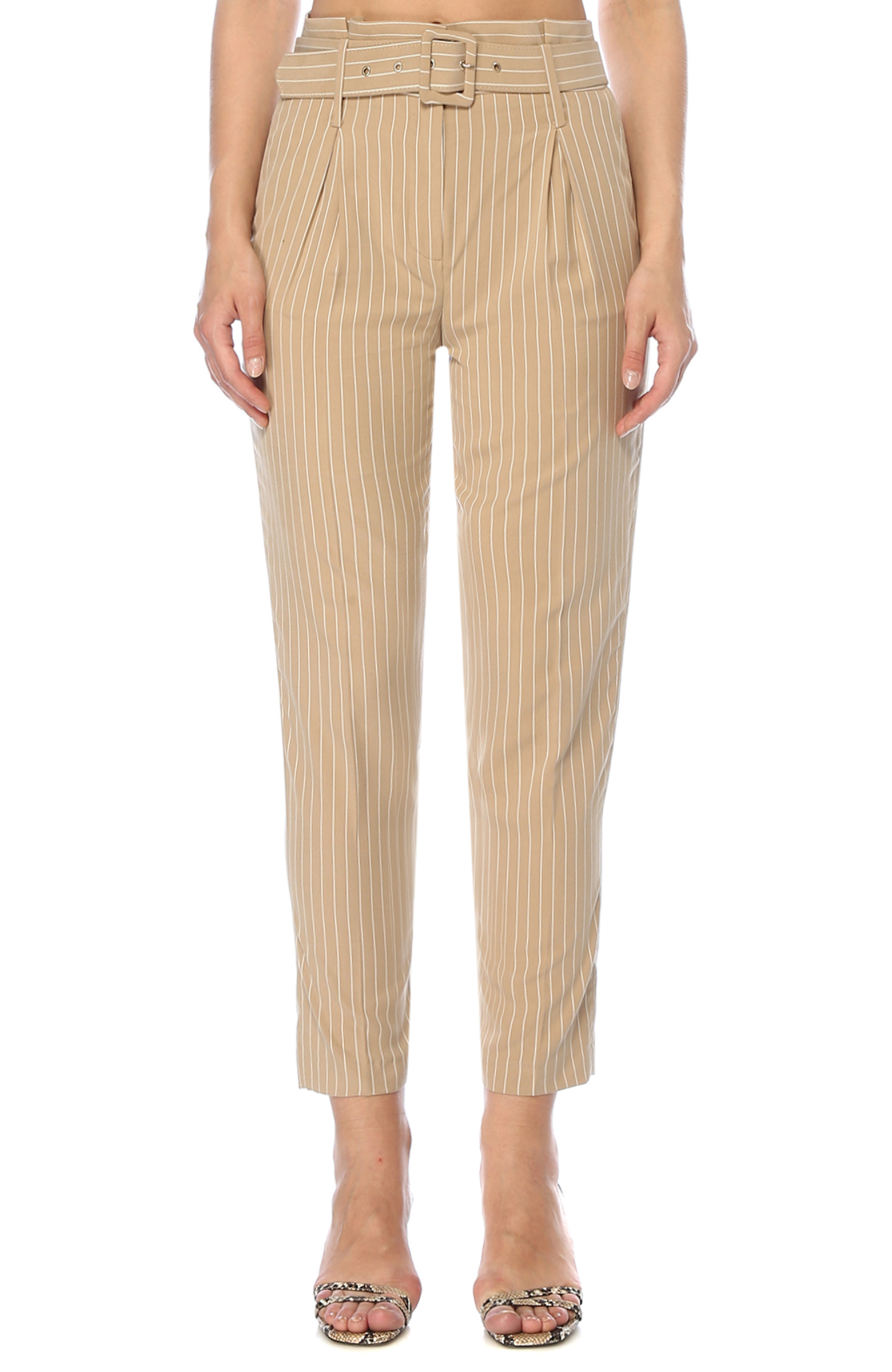 Bej Beyaz Çizgili Kemerli Pantolon