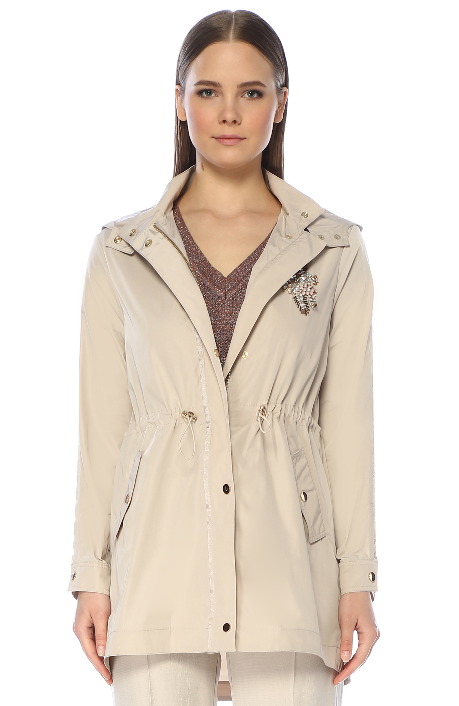 Regular Fit Gri Kapüşonlu Boncuk İşlemeli Pardösü Regular Fit Gri Kapüşonlu Boncuk İşlemeli Pardösü