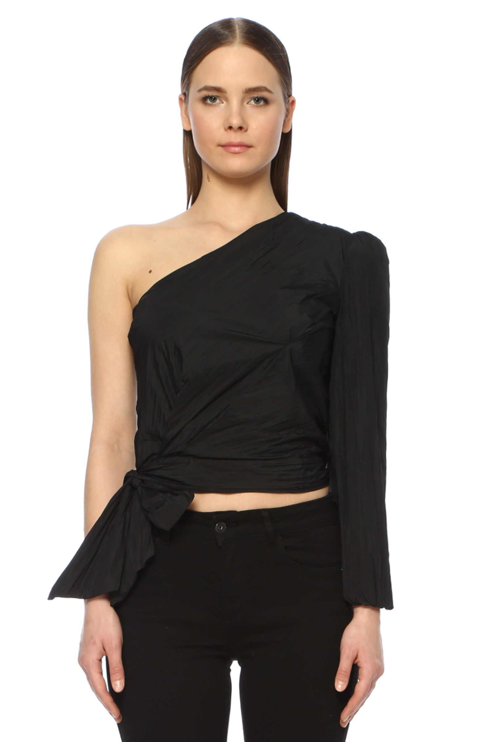 Siyah Kırışık Dokulu Tek Omuzlu Bluz Siyah Kırışık Dokulu Tek Omuzlu Bluz