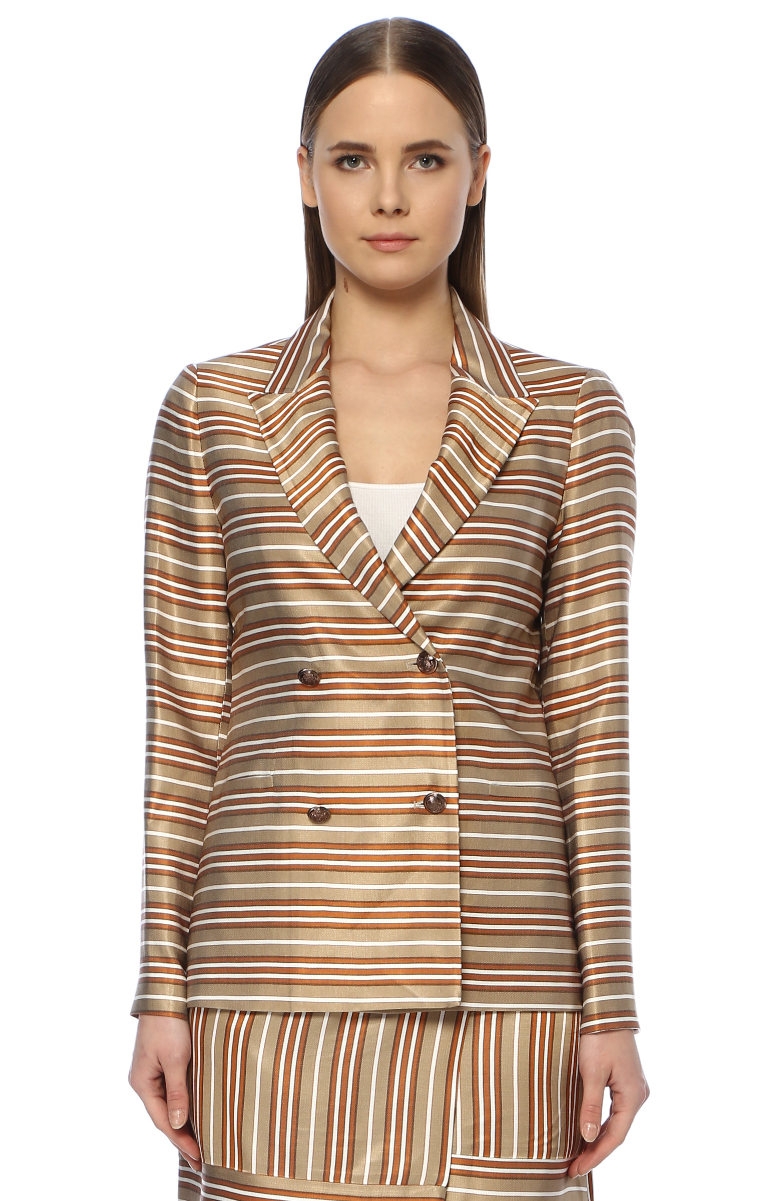 Regular Fit Camel Çizgili Kruvaze Ceket