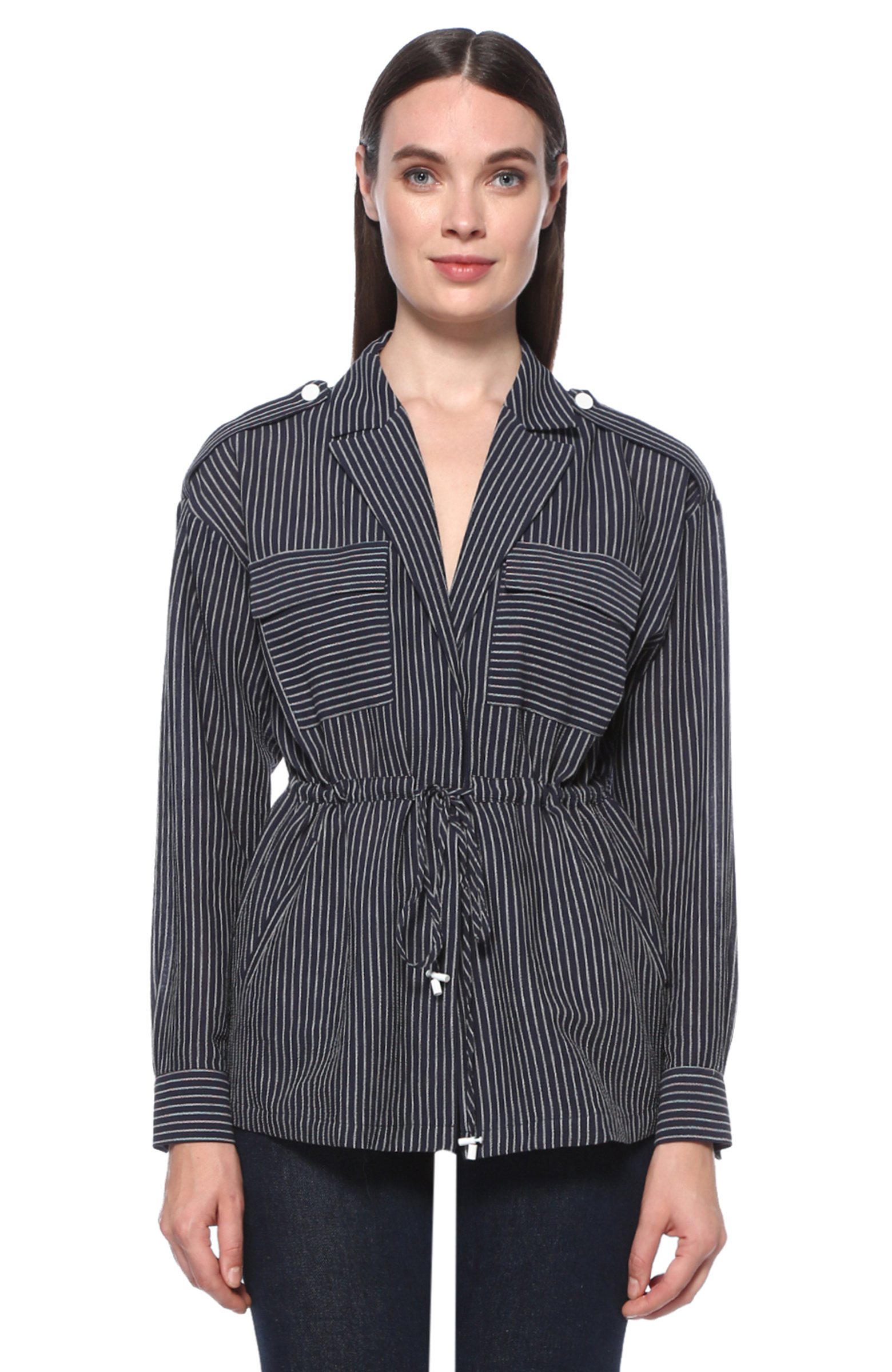 Lacivert Çizgili Beli Büzgülü Ceket Lacivert Çizgili Beli Büzgülü Ceket