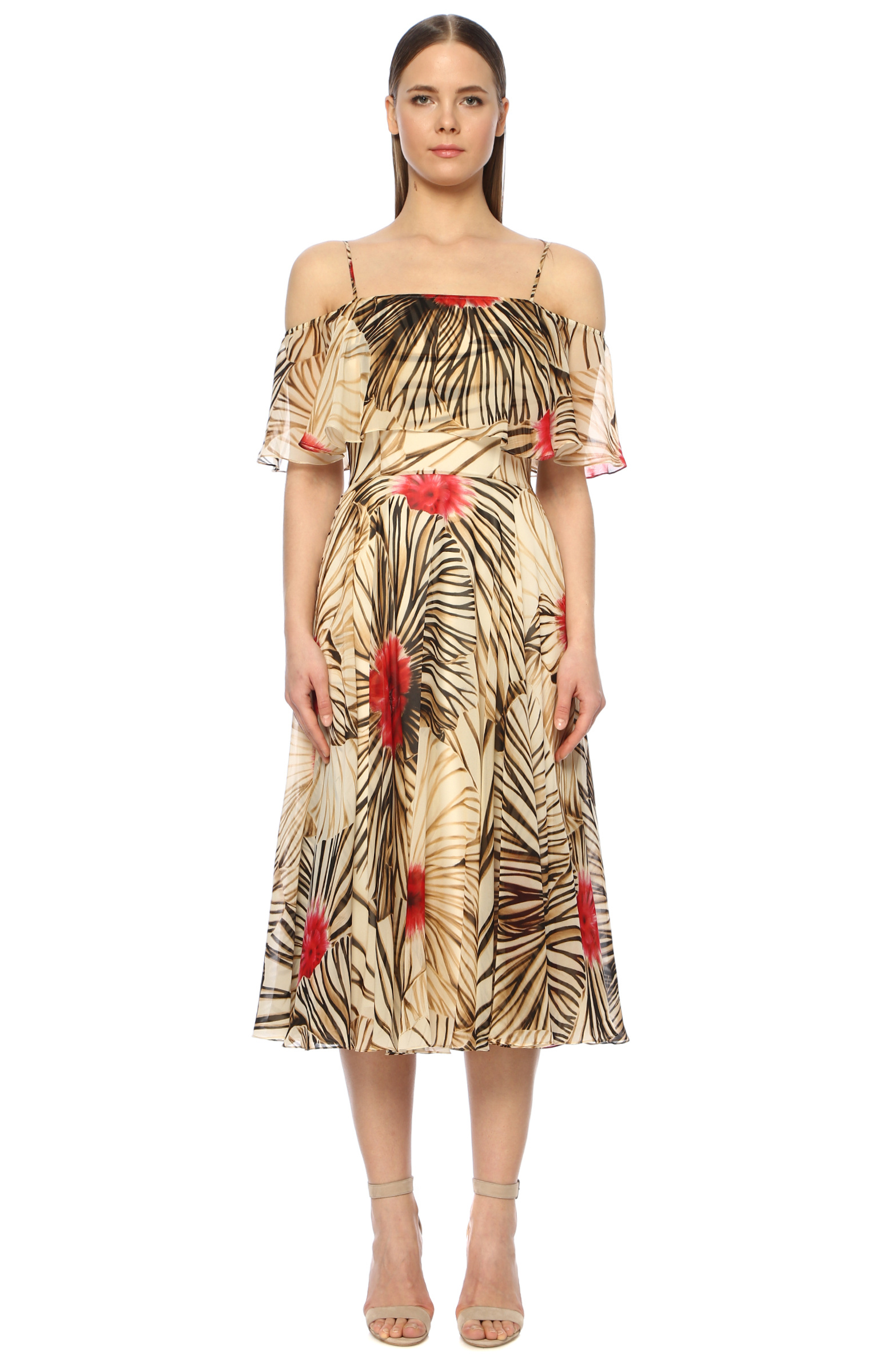 Regular Fit Ekru Çizgili Çiçek Desenli Midi Elbise