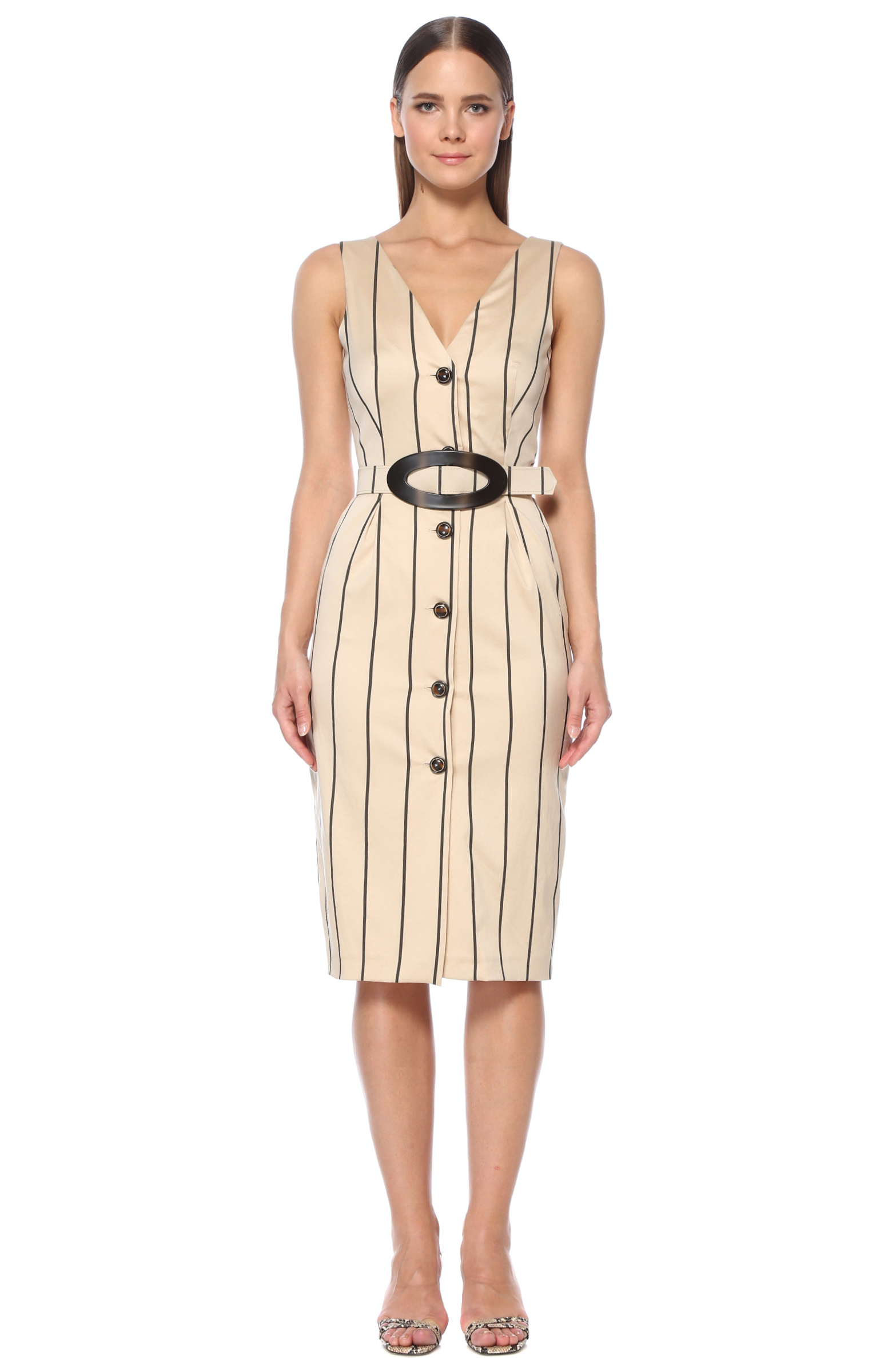 Bej Çizgili V Yaka Çizgili Midi Elbise