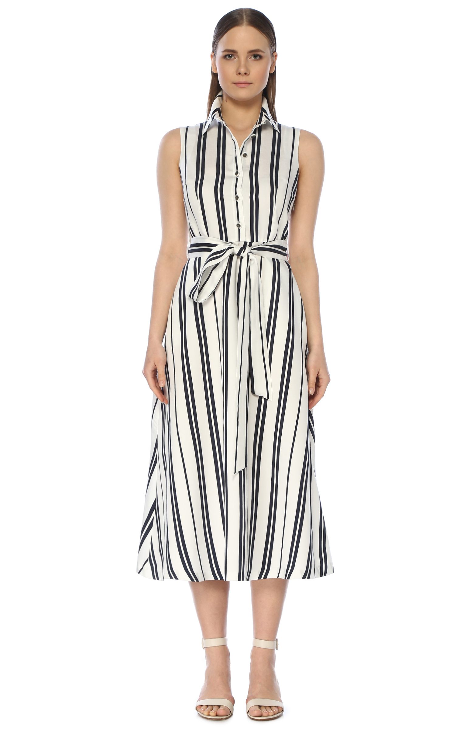 Beyaz Lacivert Çizgili Midi Elbise Beyaz Lacivert Çizgili Midi Elbise