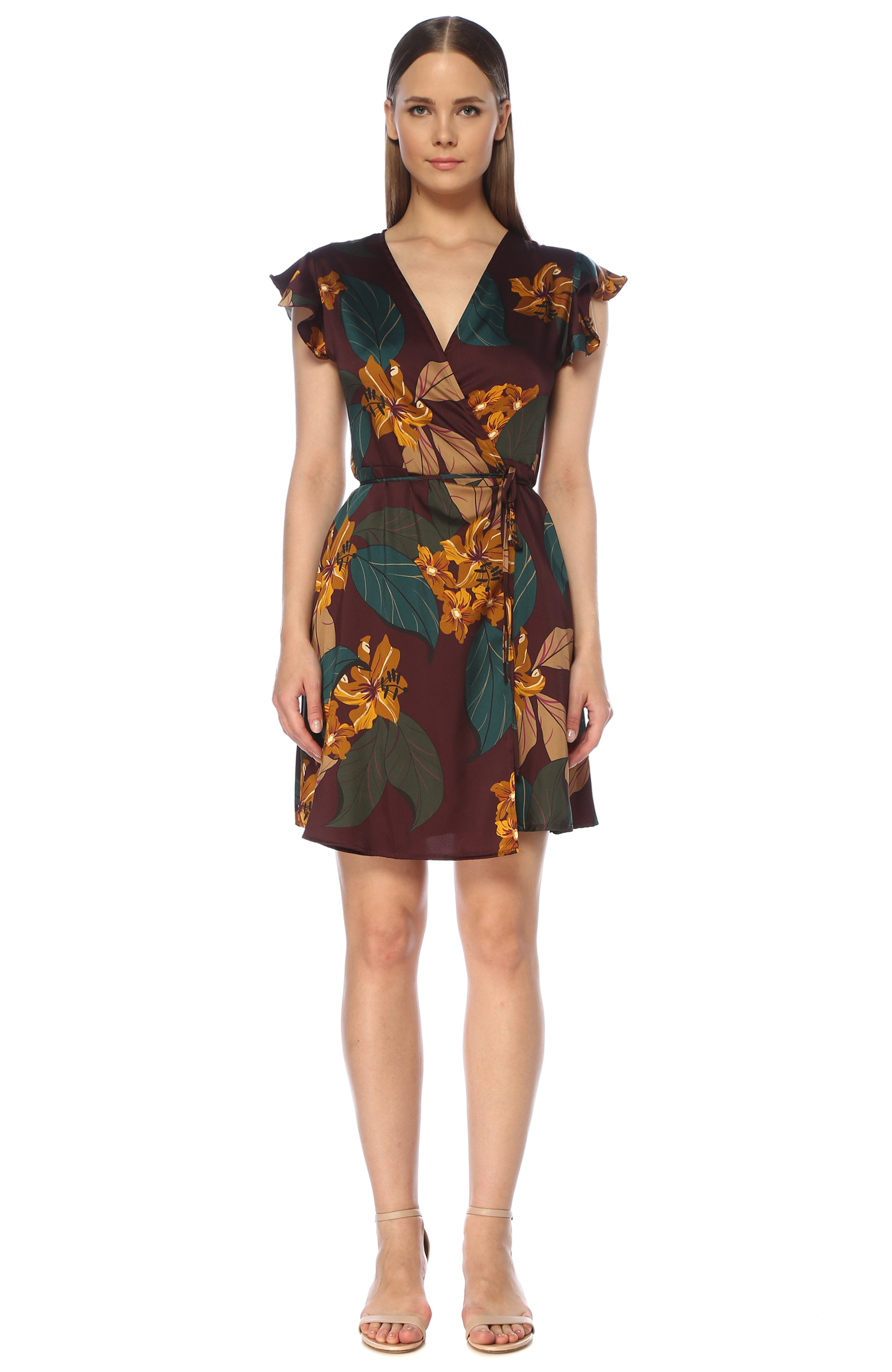 Mürdüm V Yaka Çiçekli Mini Anvelop Elbise Mürdüm V Yaka Çiçekli Mini Anvelop Elbise