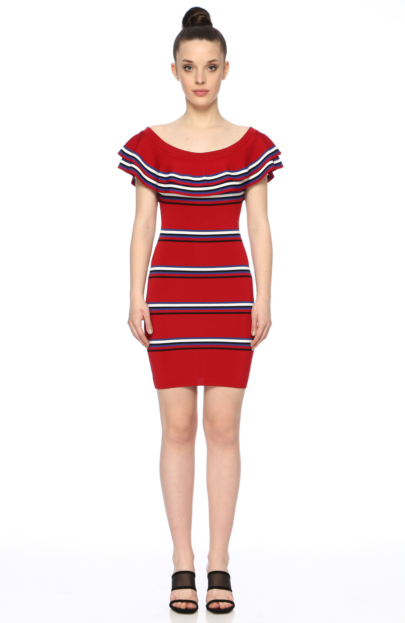 Slim Fit Kırmızı Çizgili Mini Triko Elbise Slim Fit Kırmızı Çizgili Mini Triko Elbise