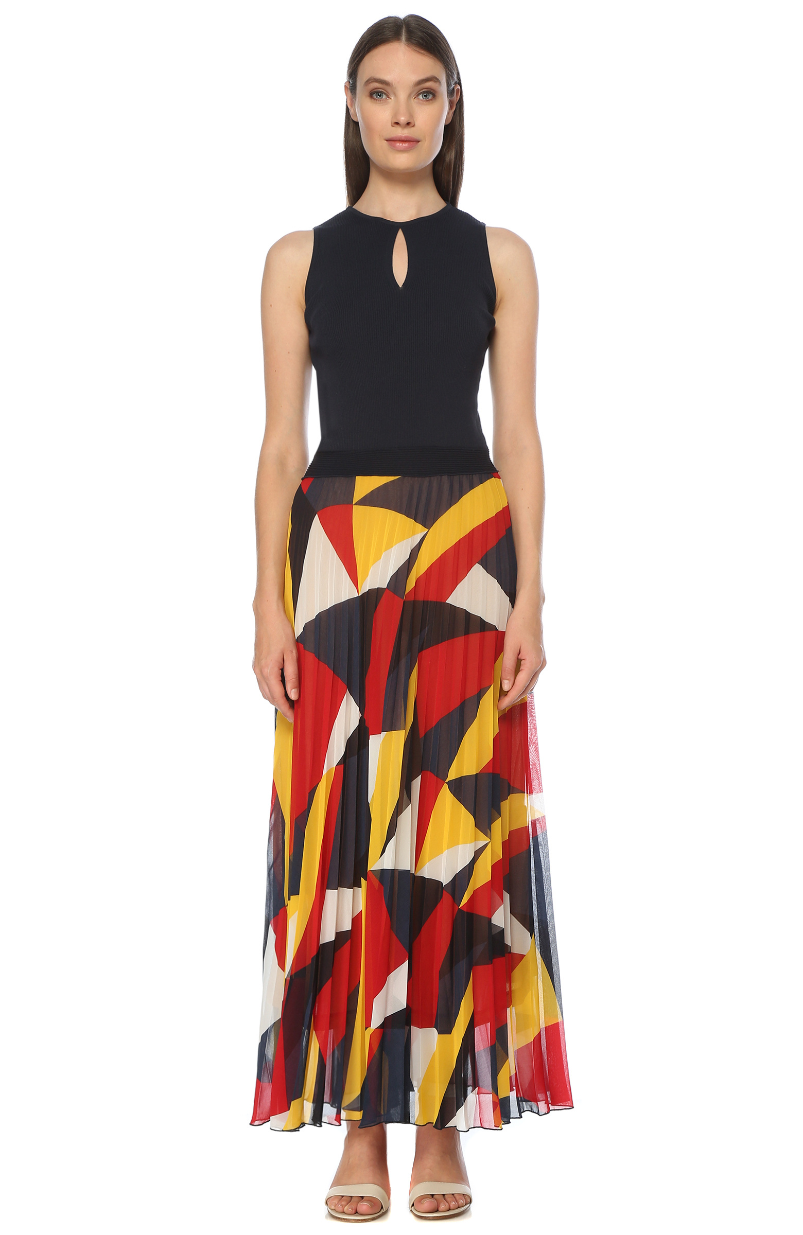 Lacivert Desenli Pilili Maxi Elbise