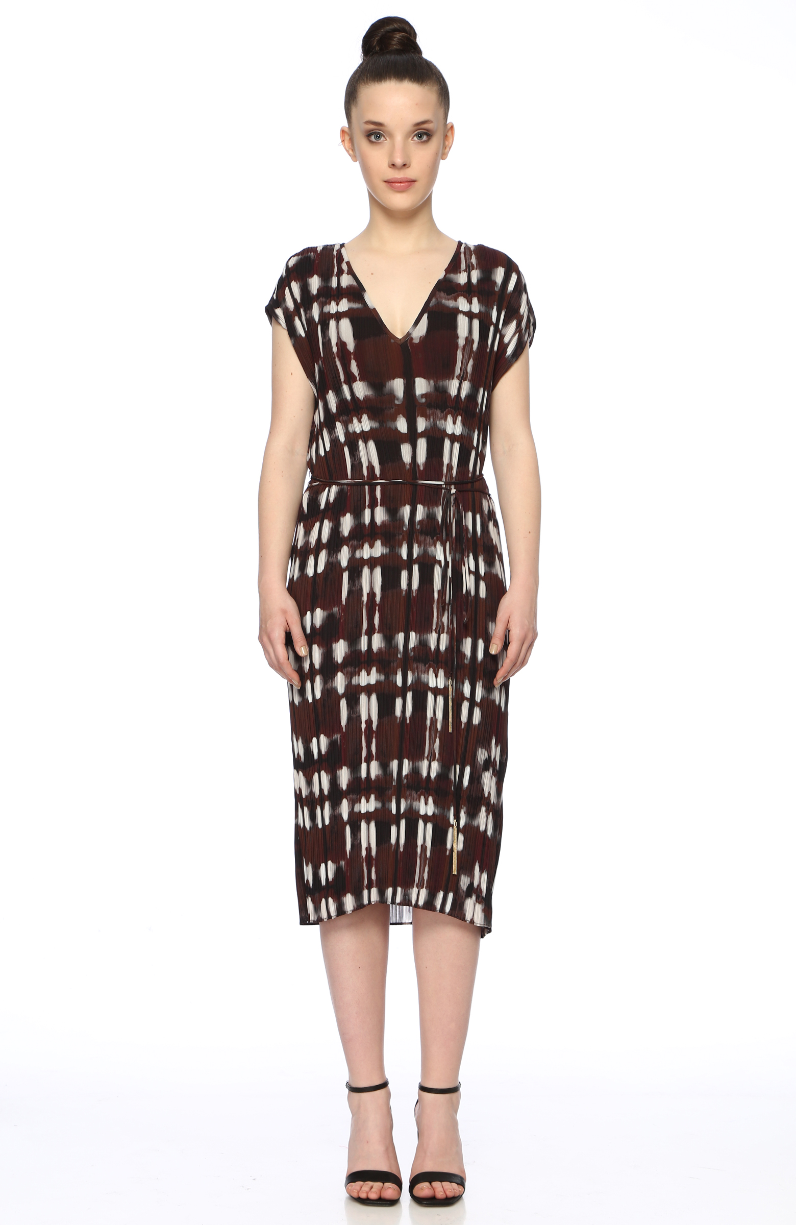 Kahverengi Desenli Midi Elbise Kahverengi Desenli Midi Elbise