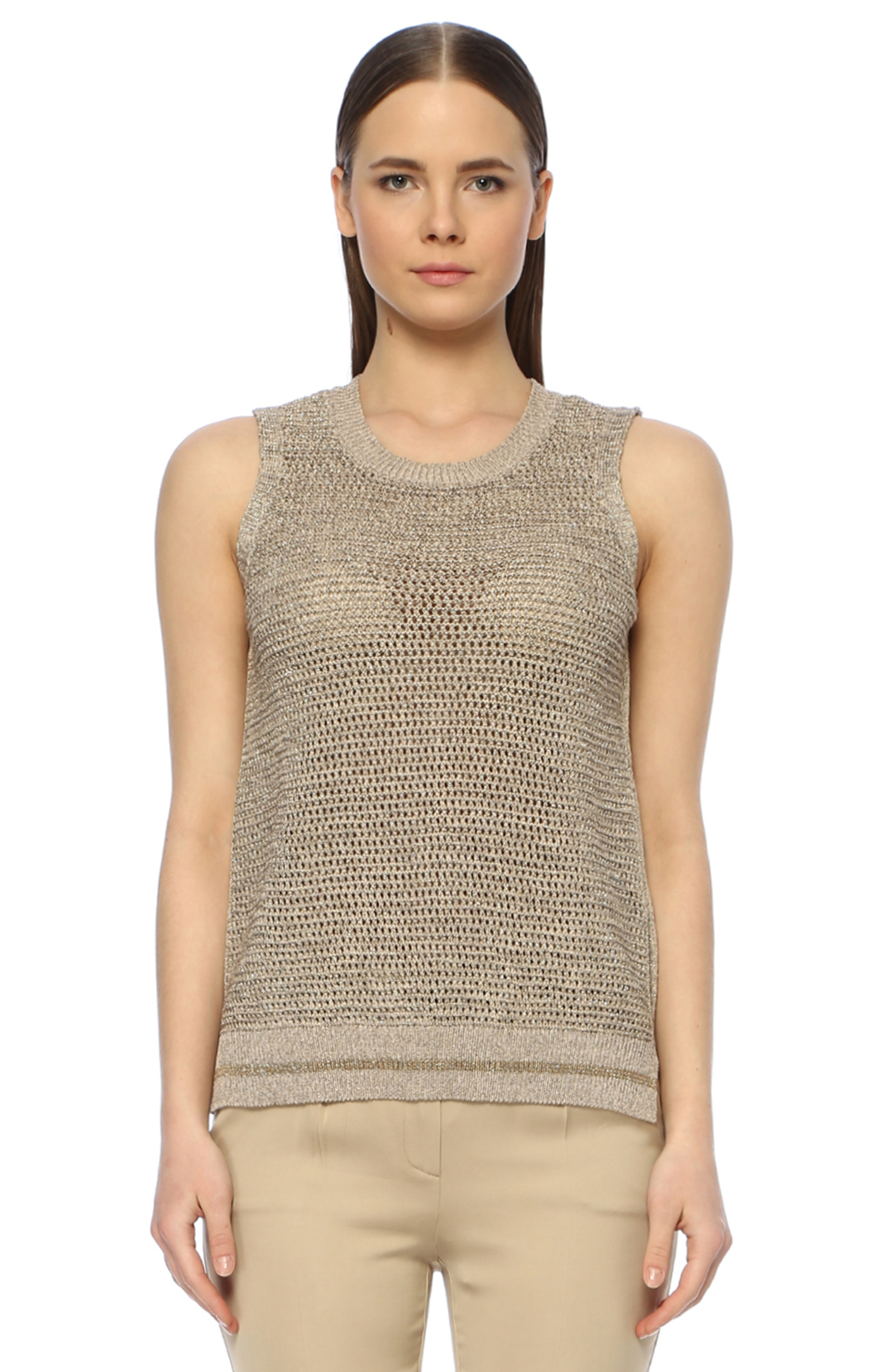 Regular Fit Bej Dokulu Kısa Kollu Kazak