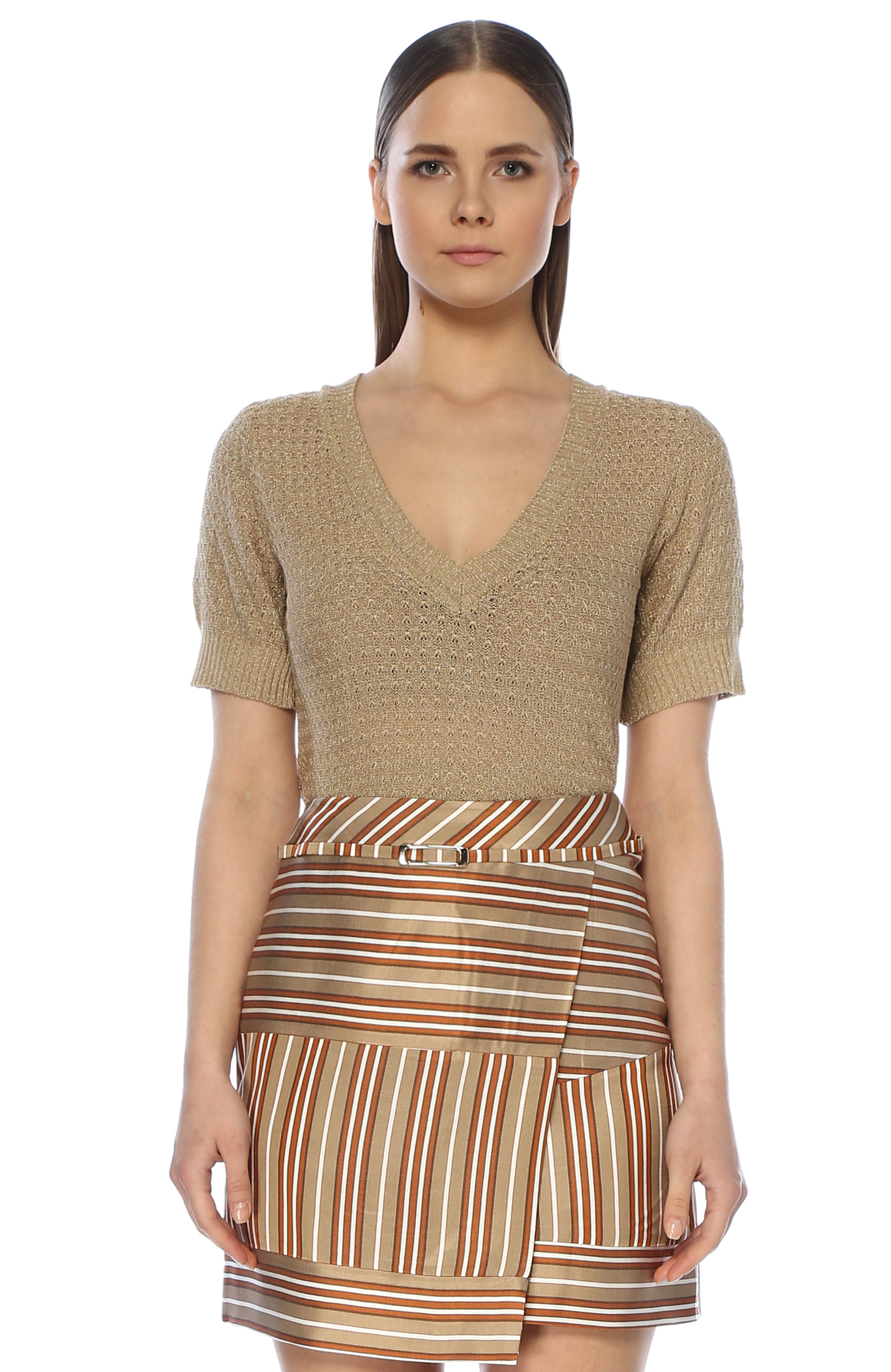 Bej V Yaka Ajurlu Kısa Kol Kazak Bej V Yaka Ajurlu Kısa Kol Kazak