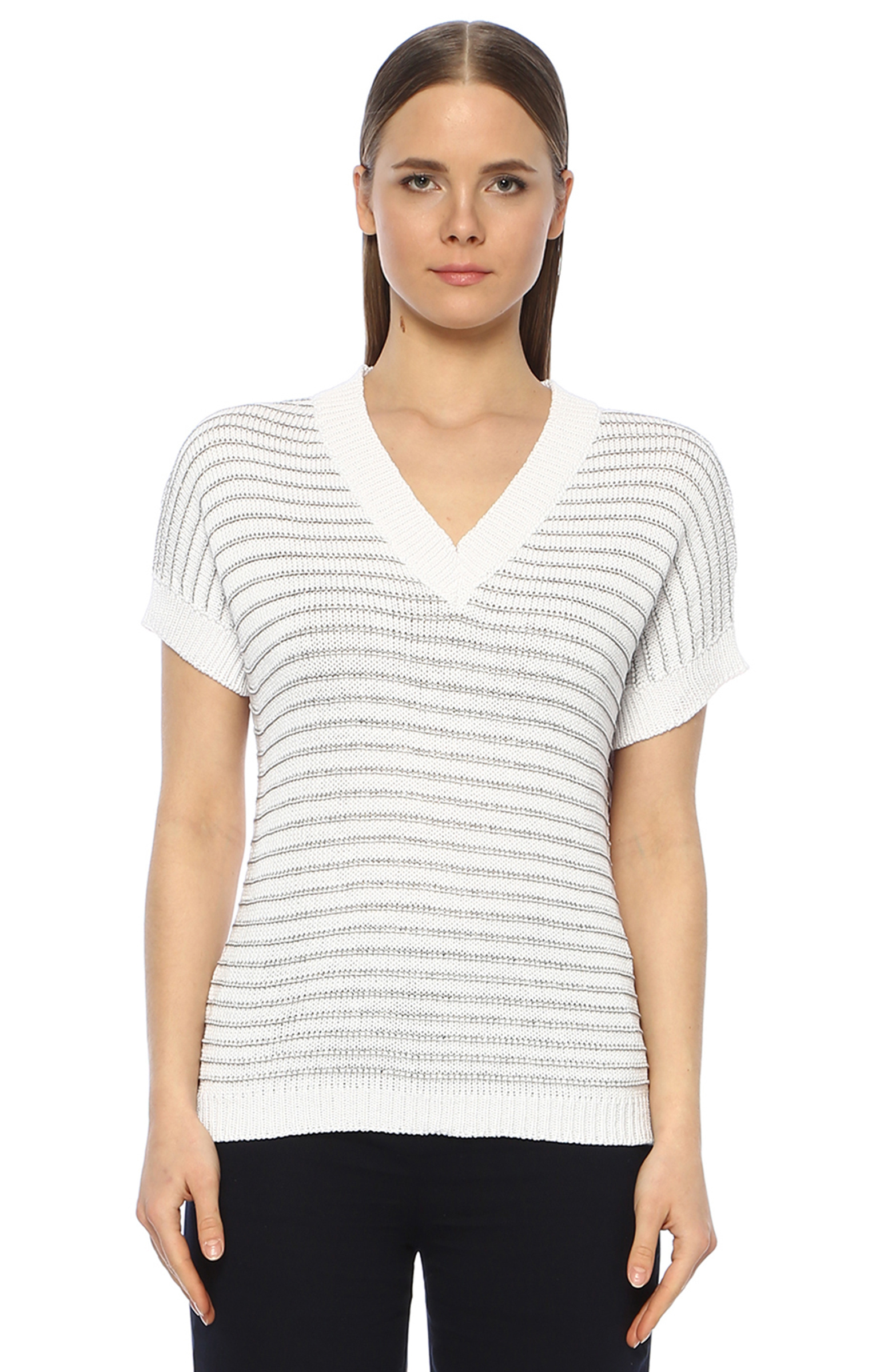 Regular Fit Beyaz Çizgili Kısa Kollu Kazak