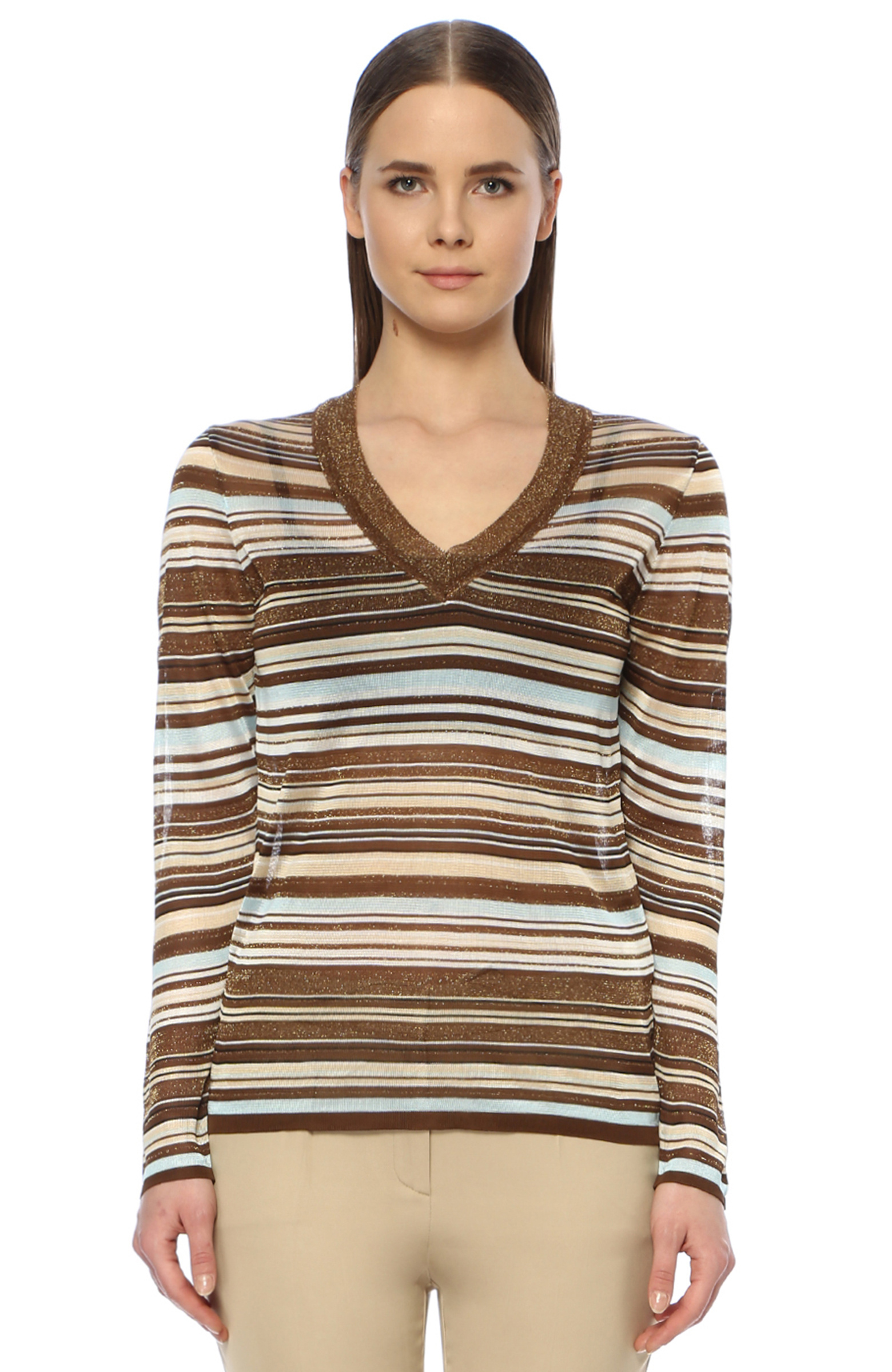 Regular Fit Kahverengi Çizgili Kazak