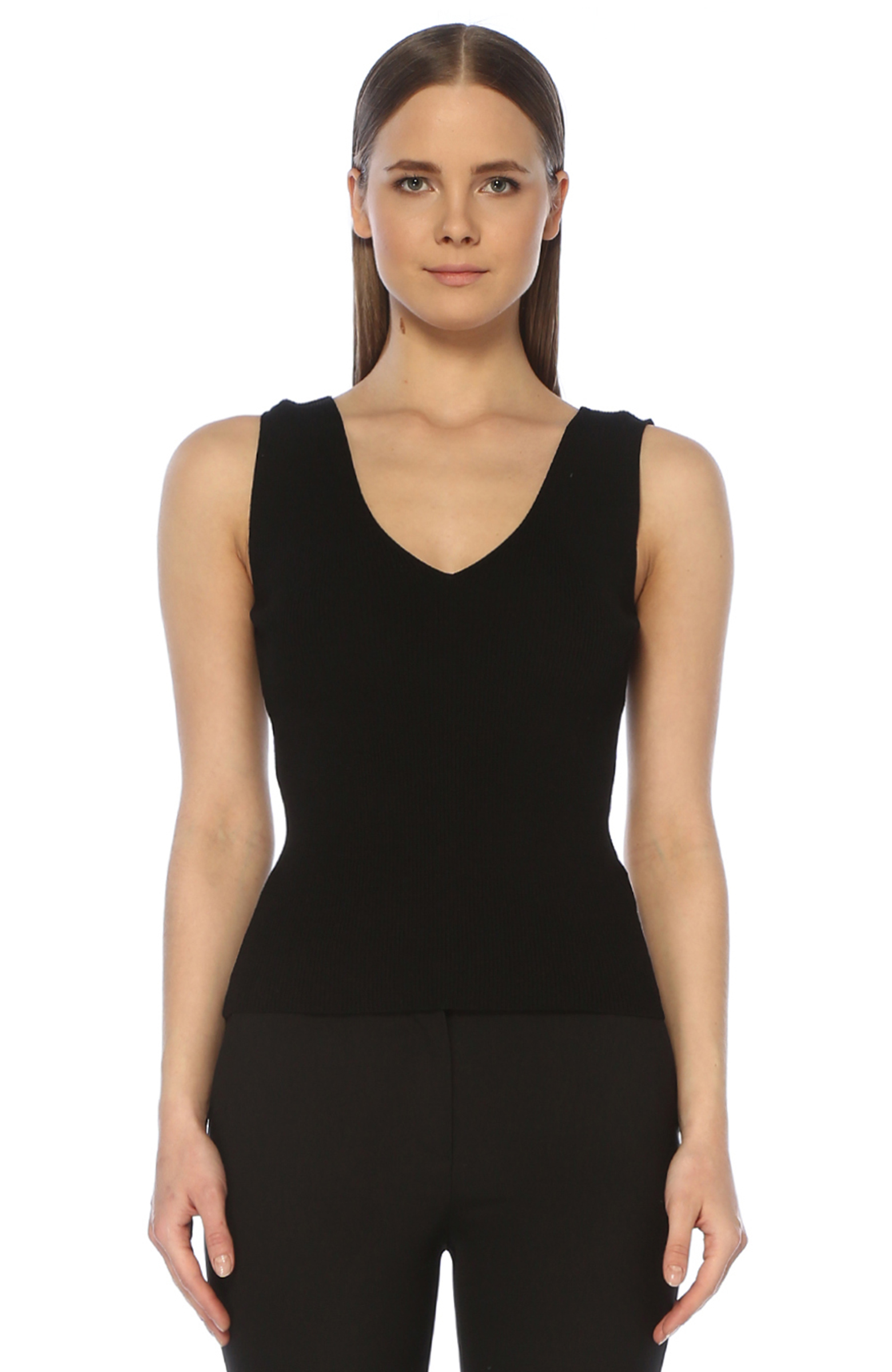 Slim Fit Siyah Çizgi Dokulu Kısa Kollu Kazak