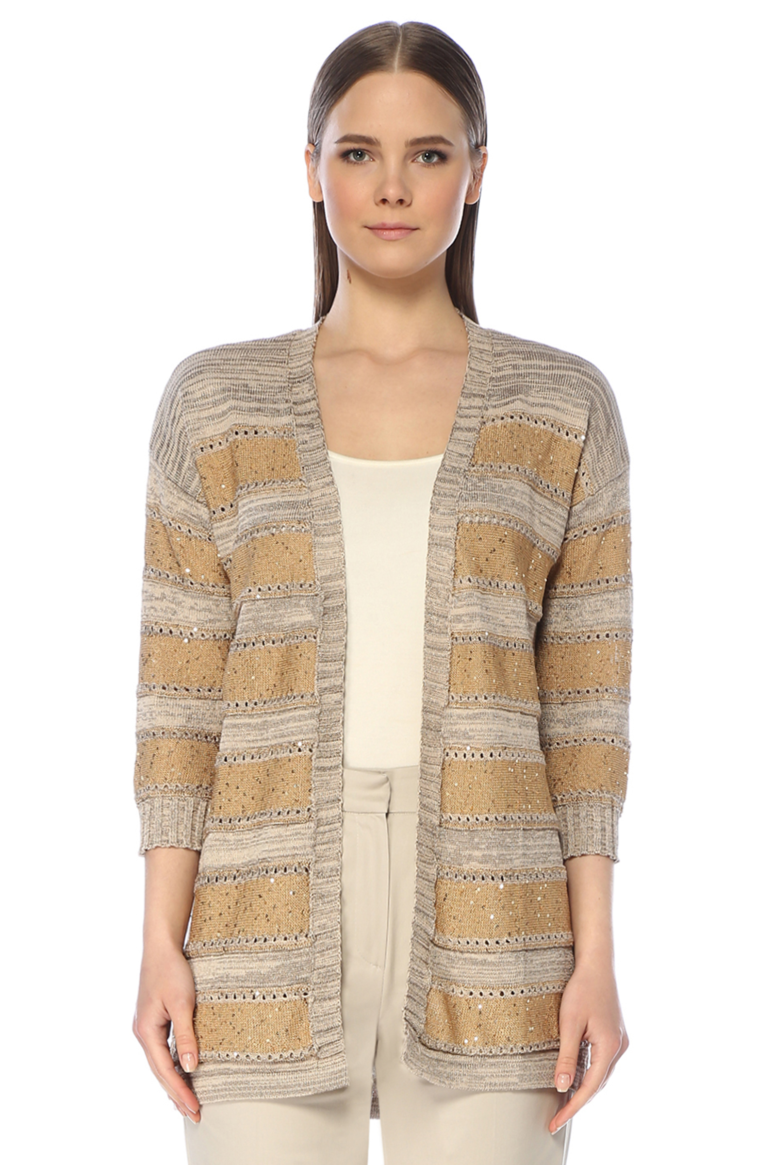 Bej Çizgi Desenli Ajur Detaylı Hırka