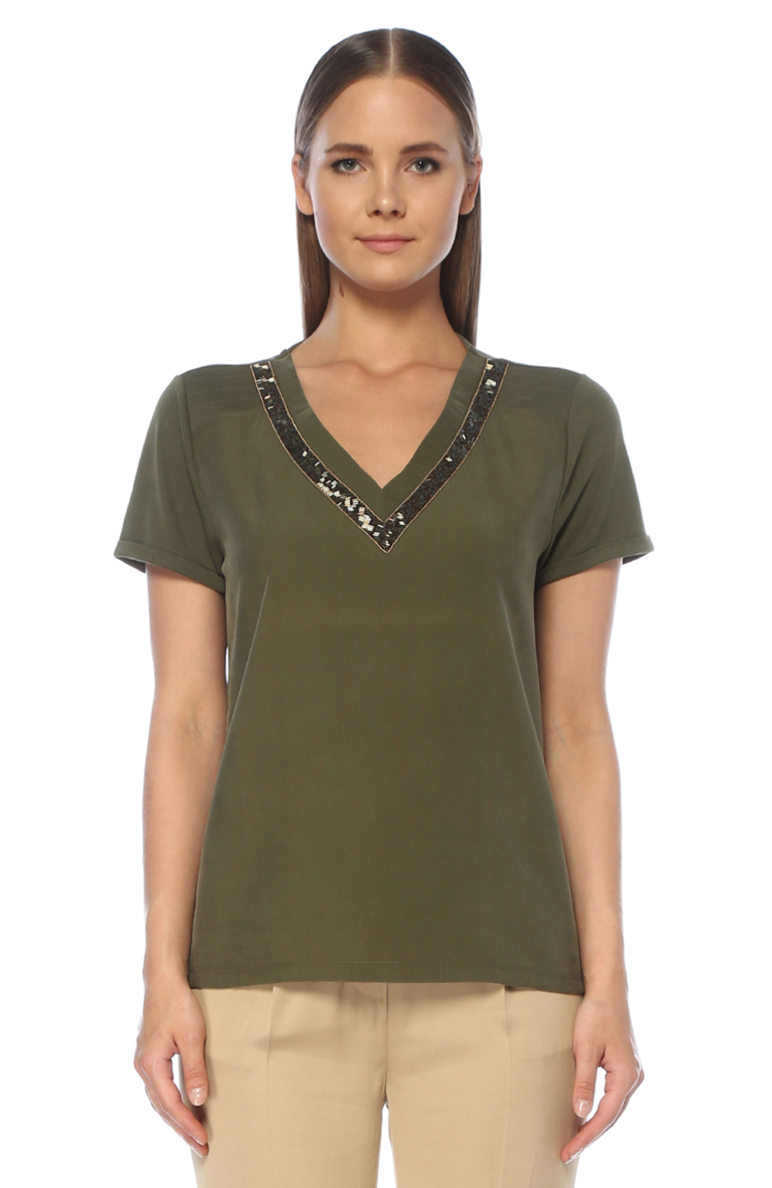 Haki Yakası Şerit Detaylı T-shirt