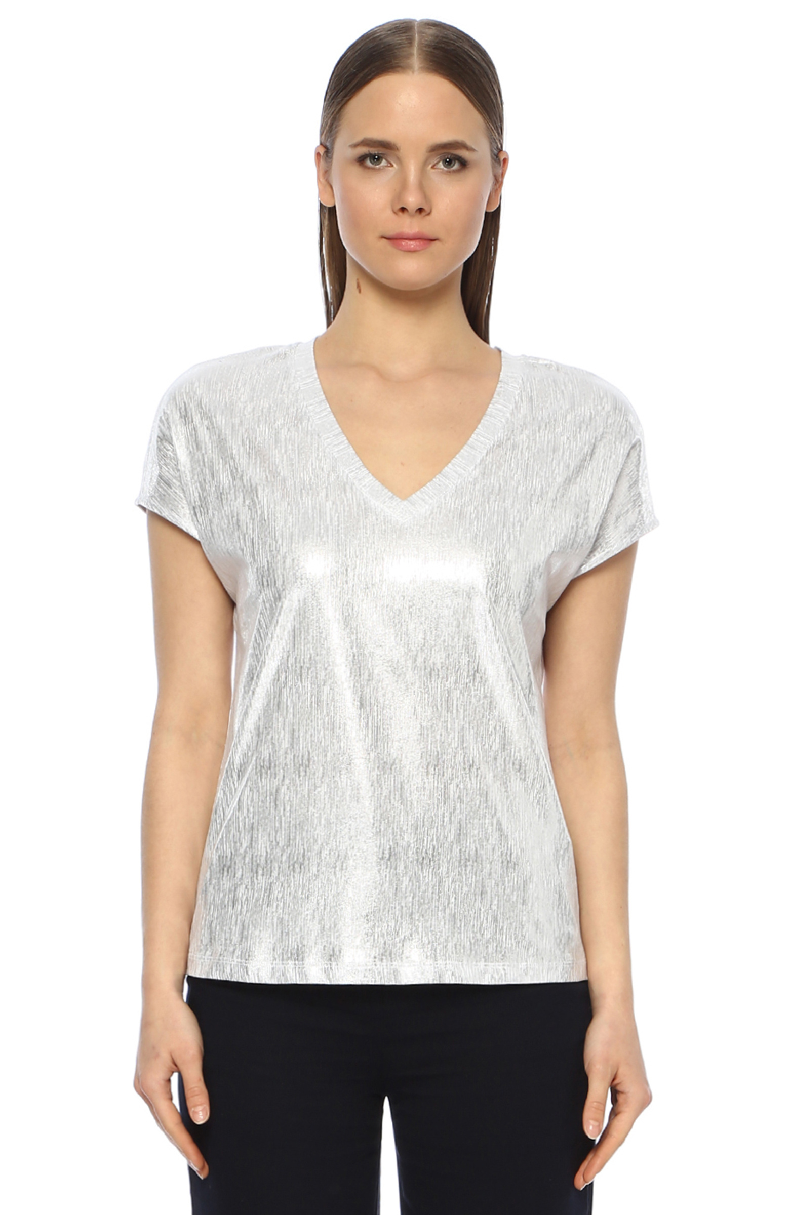 Regular Fit Gri Kırışık Dokulu T-shirt