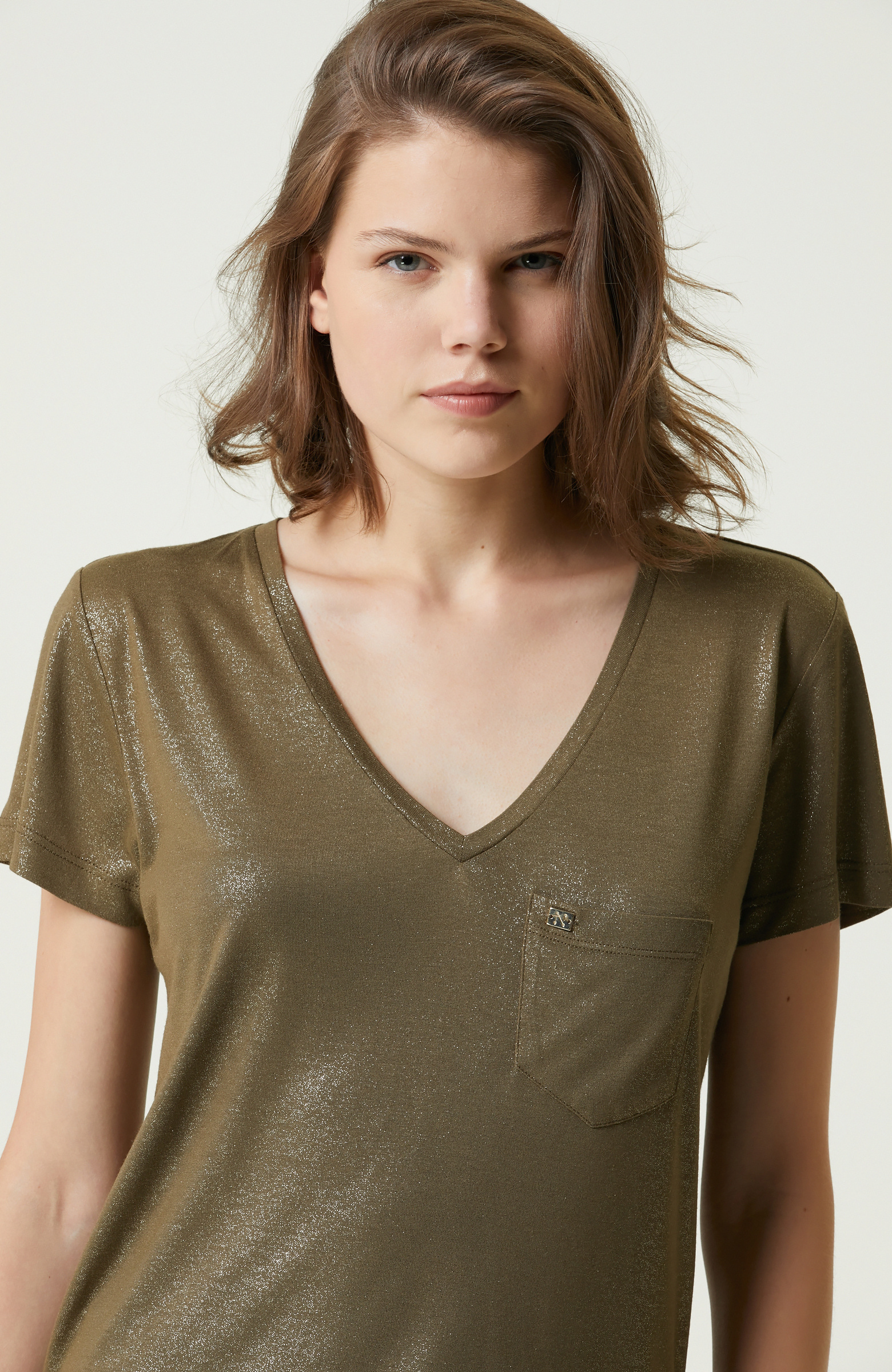 Regular Fit Haki V Yaka Cepli T-shirt