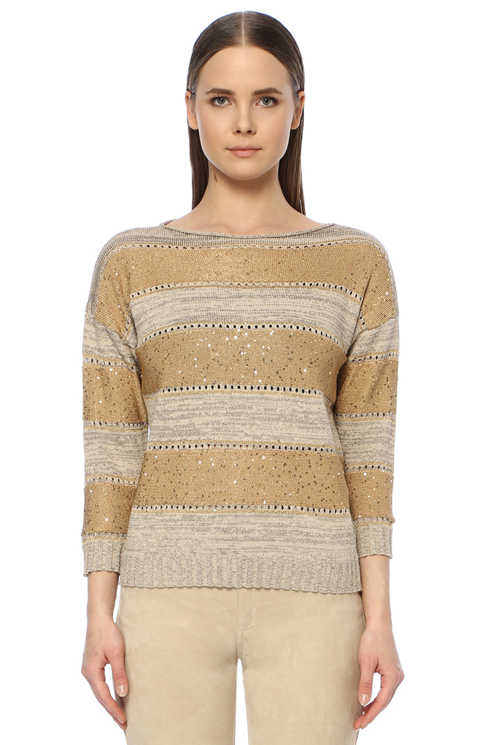 Regular Fit Bej Çizgili Truvakar Kol Kazak