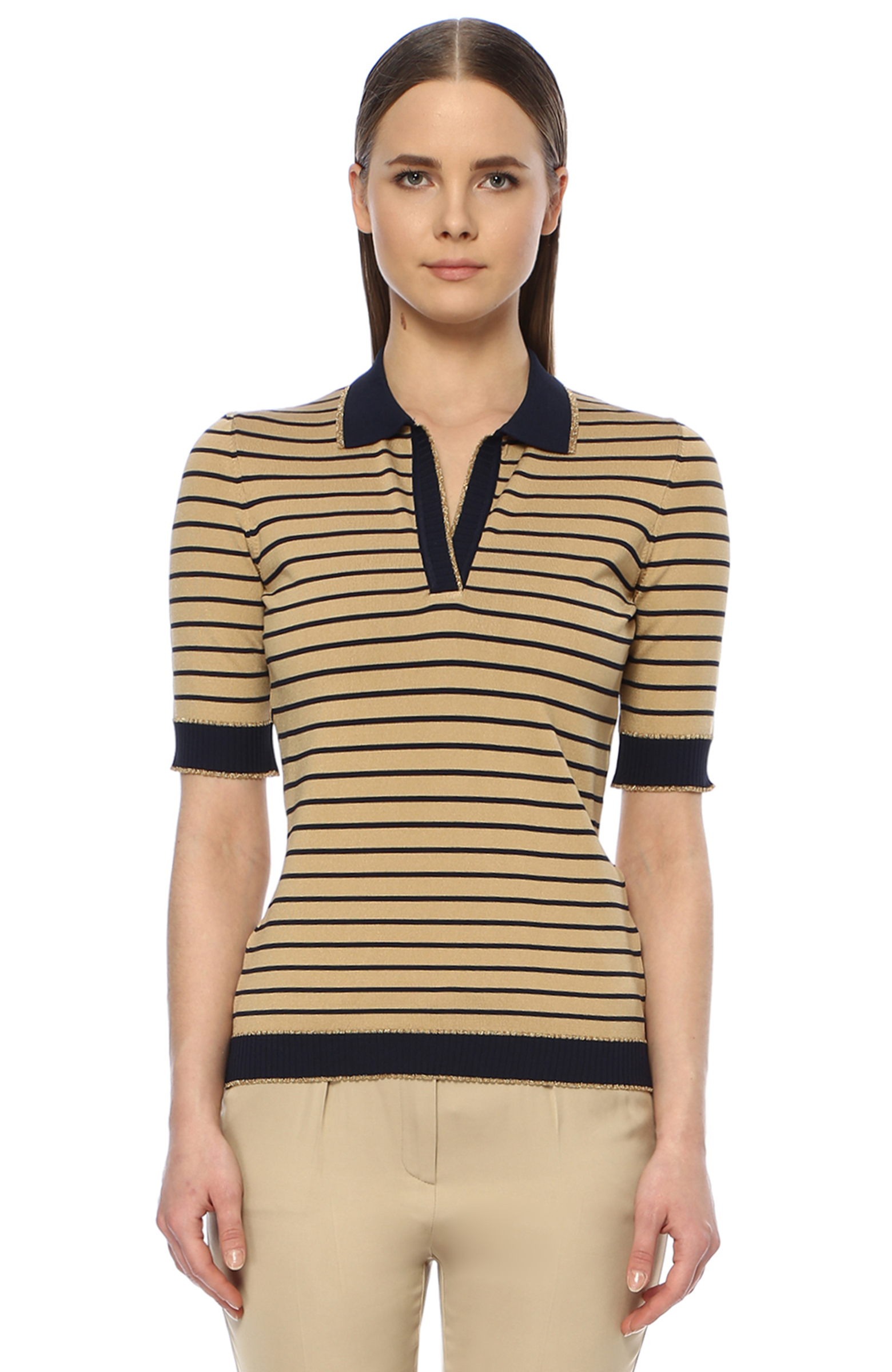 Regular Fit Camel Polo Yaka Çizgili Kazak