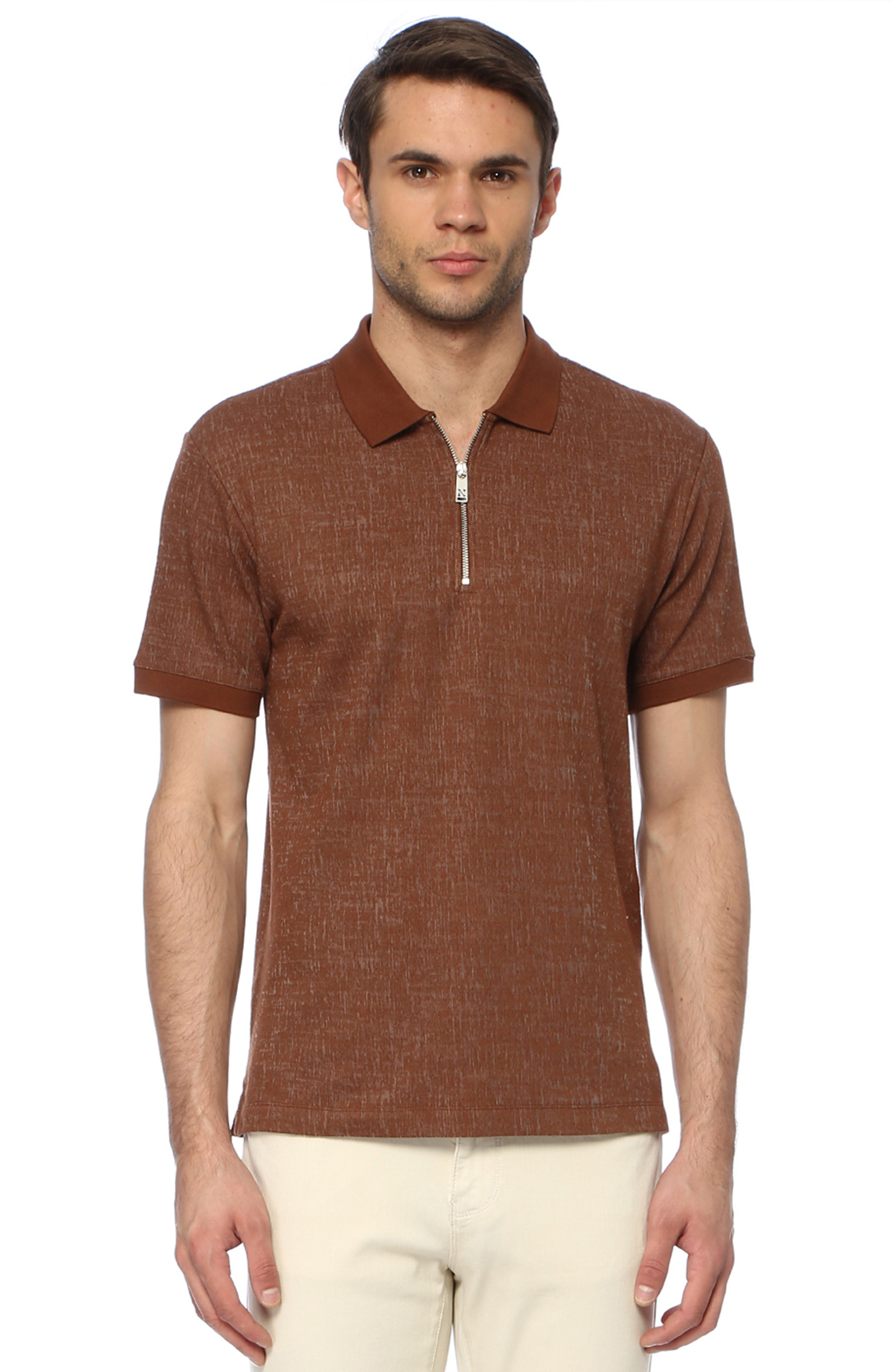 Slim Fit Tütün Polo Yaka Desenli T-shirt