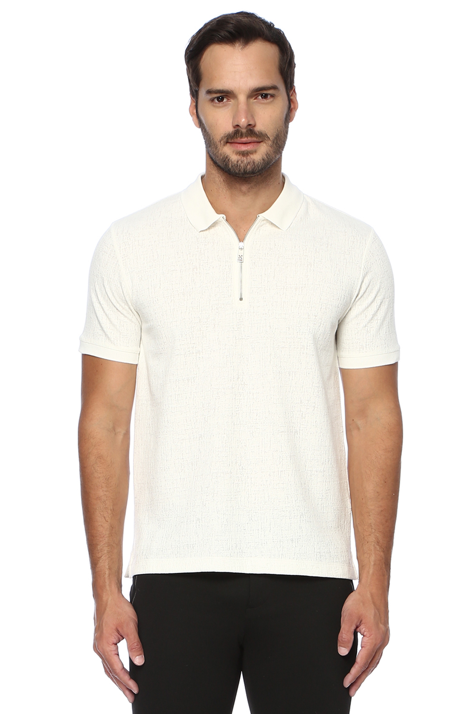 Slim Fit Ekru Polo Yaka Desenli T-shirt Slim Fit Ekru Polo Yaka Desenli T-shirt