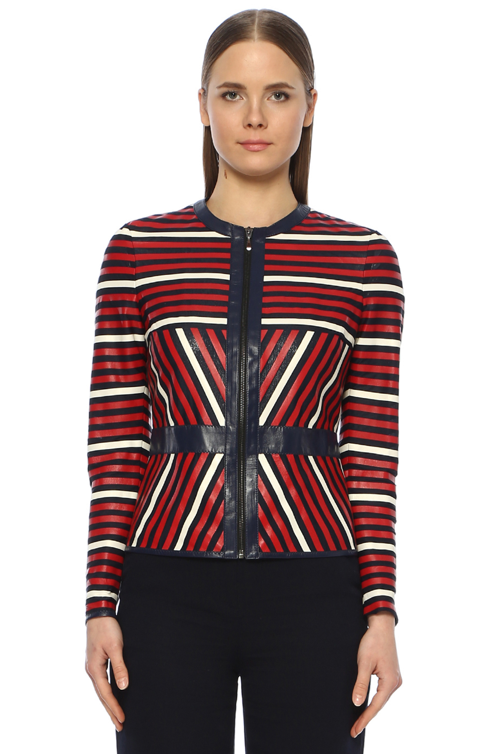 Slim Fit Kırmızı Lacivert Çizgili Deri Mont