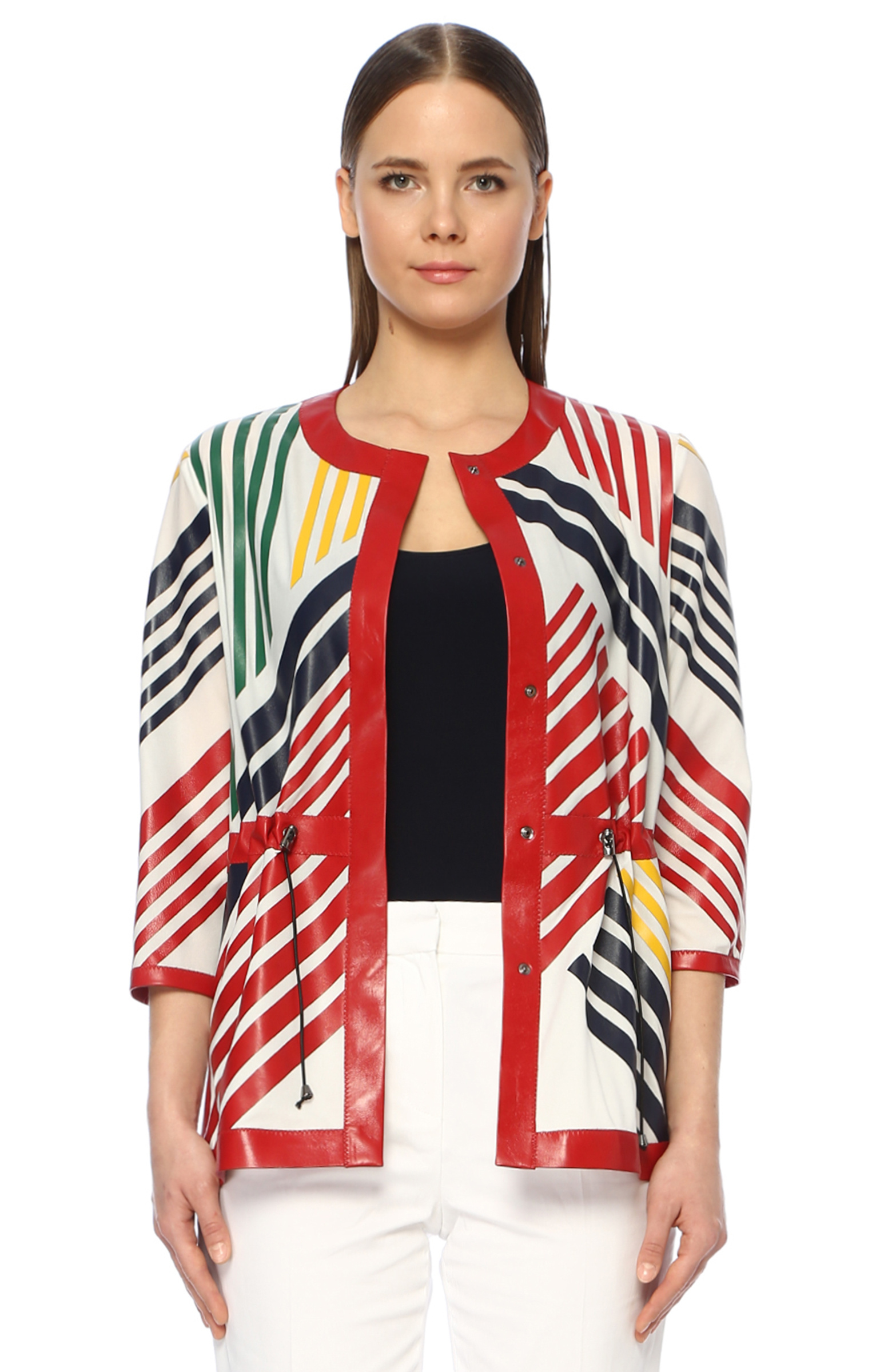 Regular Fit Beyaz Çizgili Deri Mont