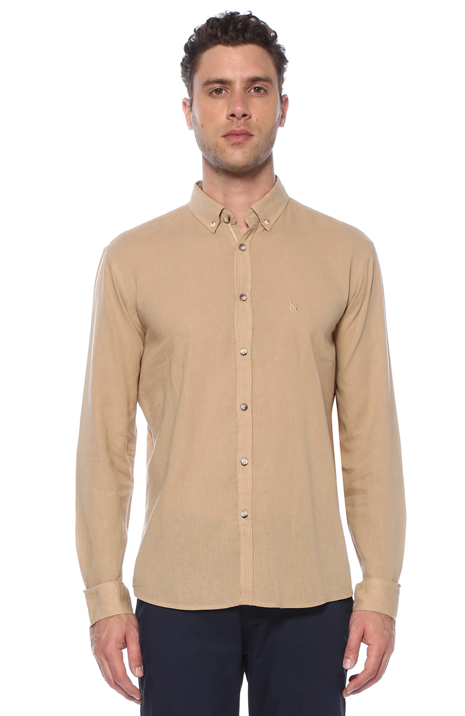 Slim Fit Bej Keten Gömlek