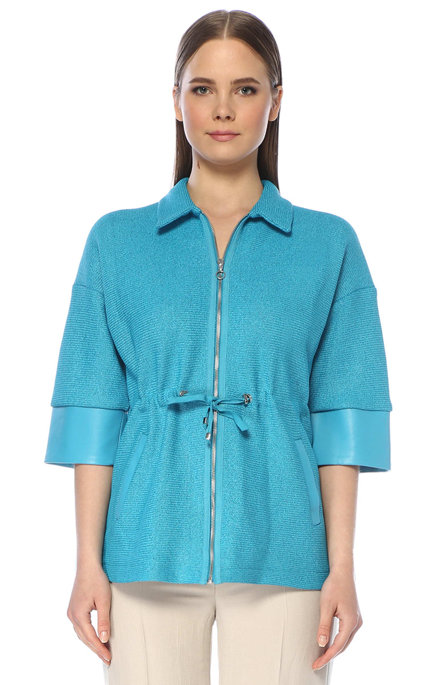 Regular Fit Turkuaz Beli Büzgülü Ceket Regular Fit Turkuaz Beli Büzgülü Ceket