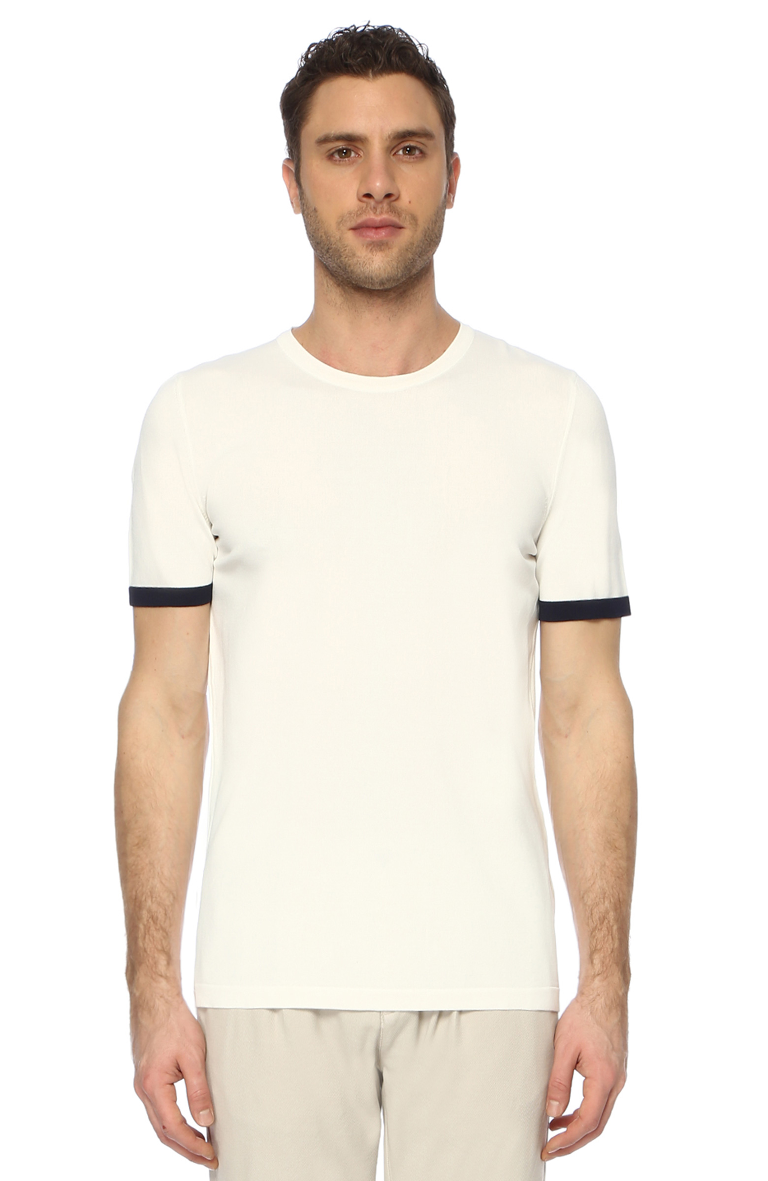 Ekru Biyeli Kısa Kol Kazak