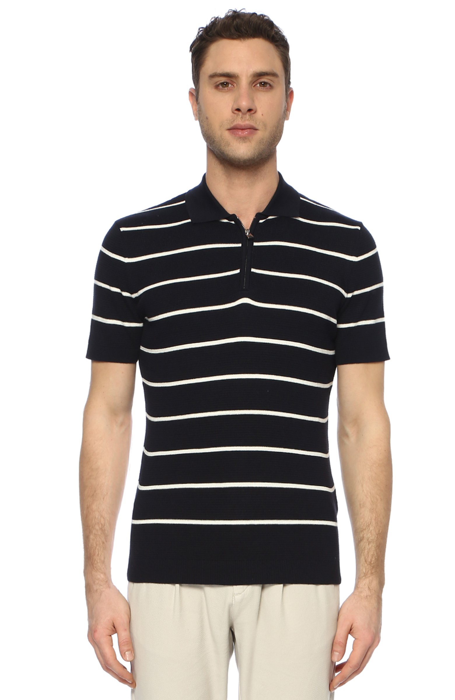 Lacivert Polo Yaka Çizgili Kısa Kol Kazak