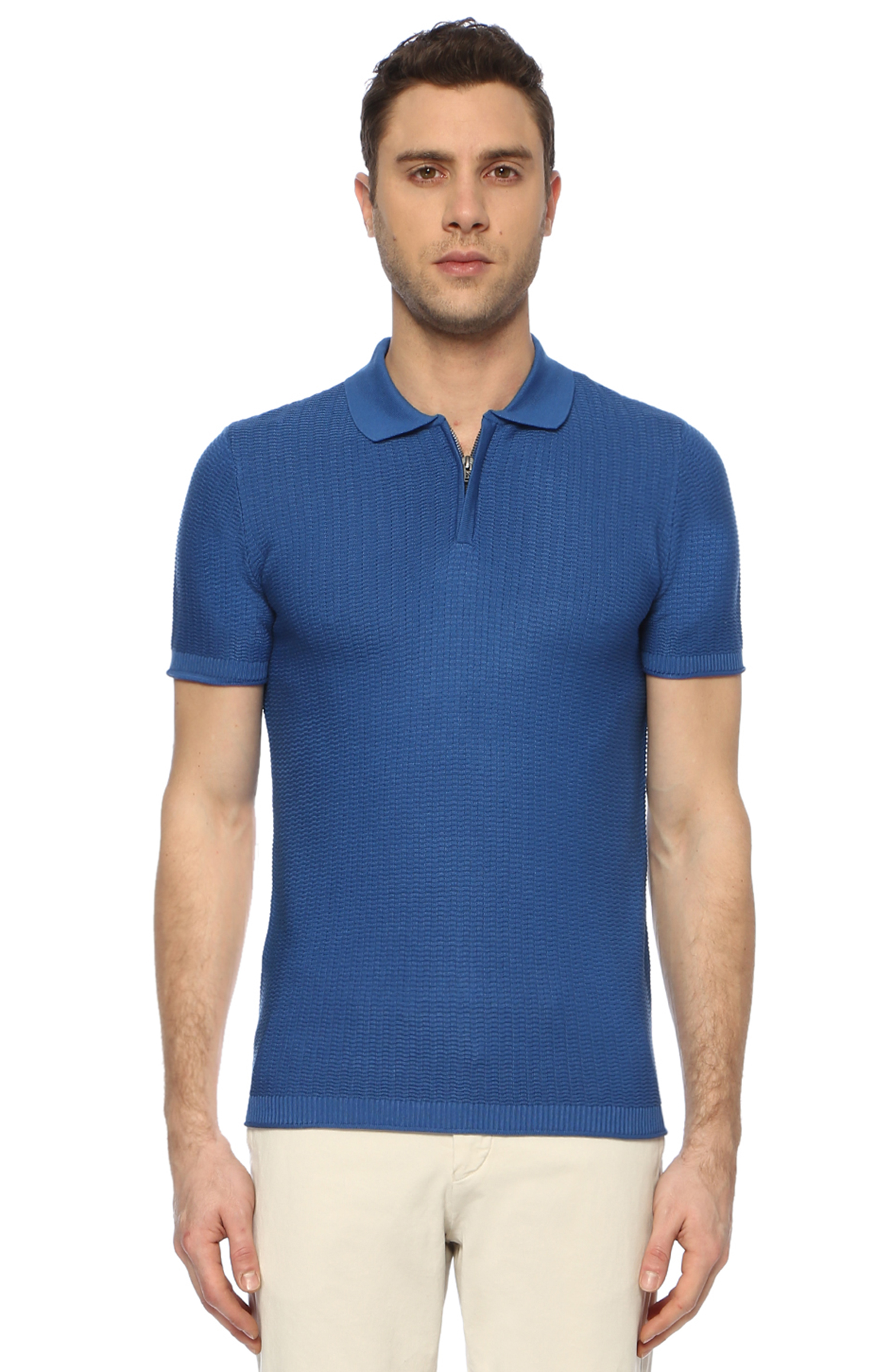 Saks Polo Yaka Kısa Kol Kazak Saks Polo Yaka Kısa Kol Kazak