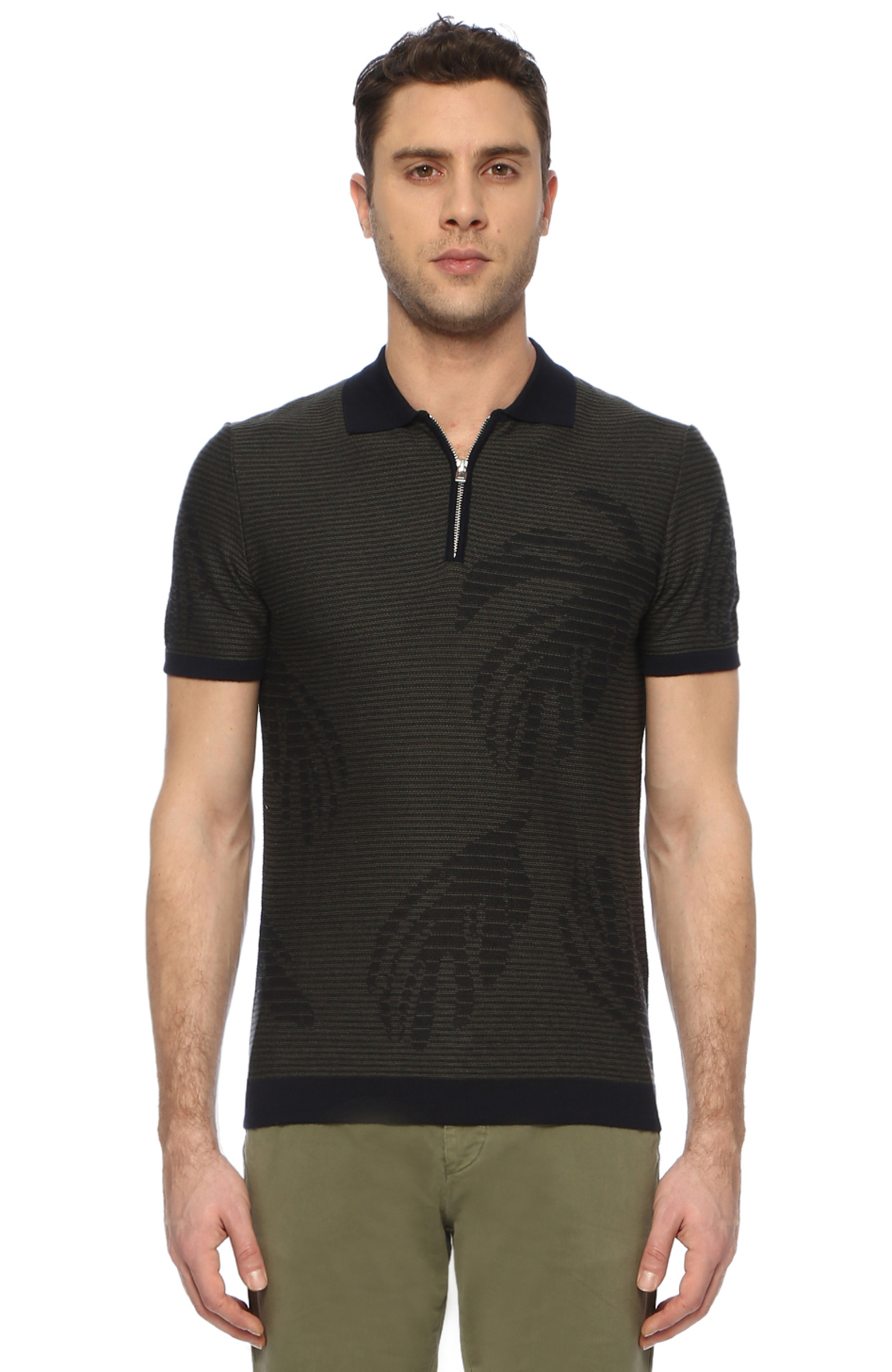 Haki Polo Yaka Baskılı Kısa Kol Kazak