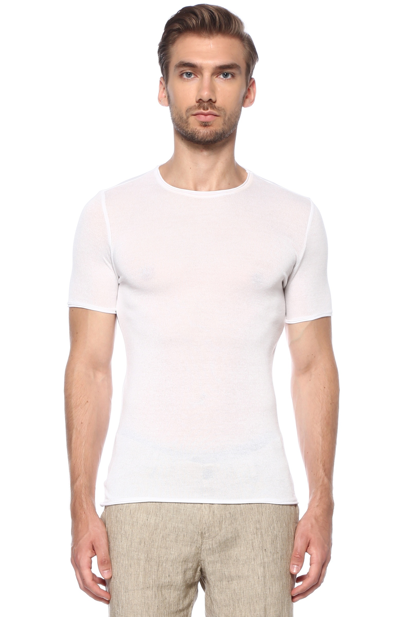 Beyaz Bisiklet Yaka T-Shirt