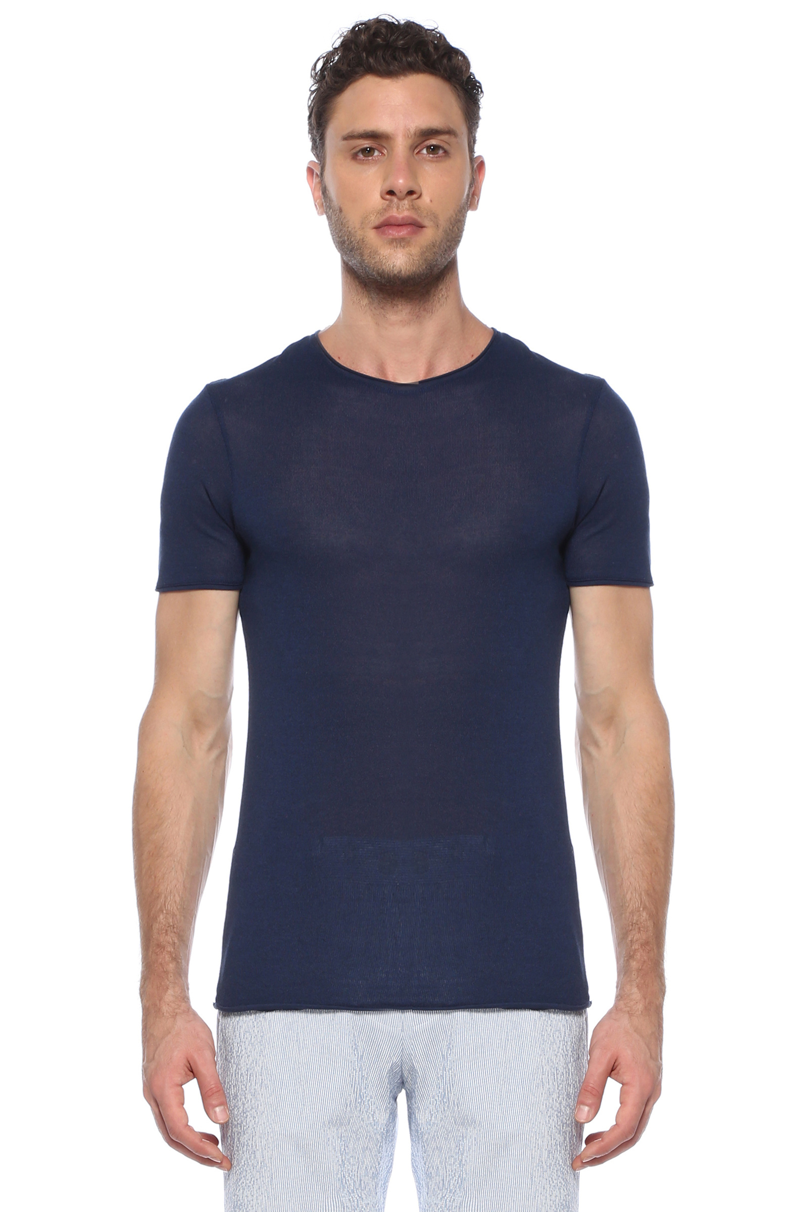 Slim Fit Mavi Bisiklet Yaka Basic T-Shirt