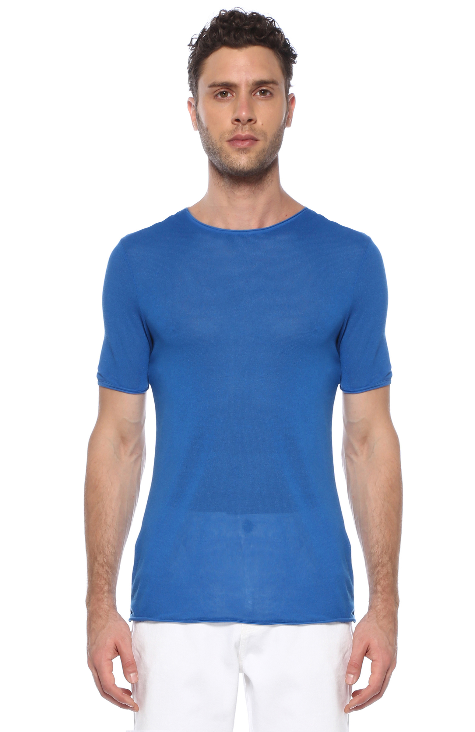 Slim Fit Mavi Bisiklet Yaka Basic T-Shirt
