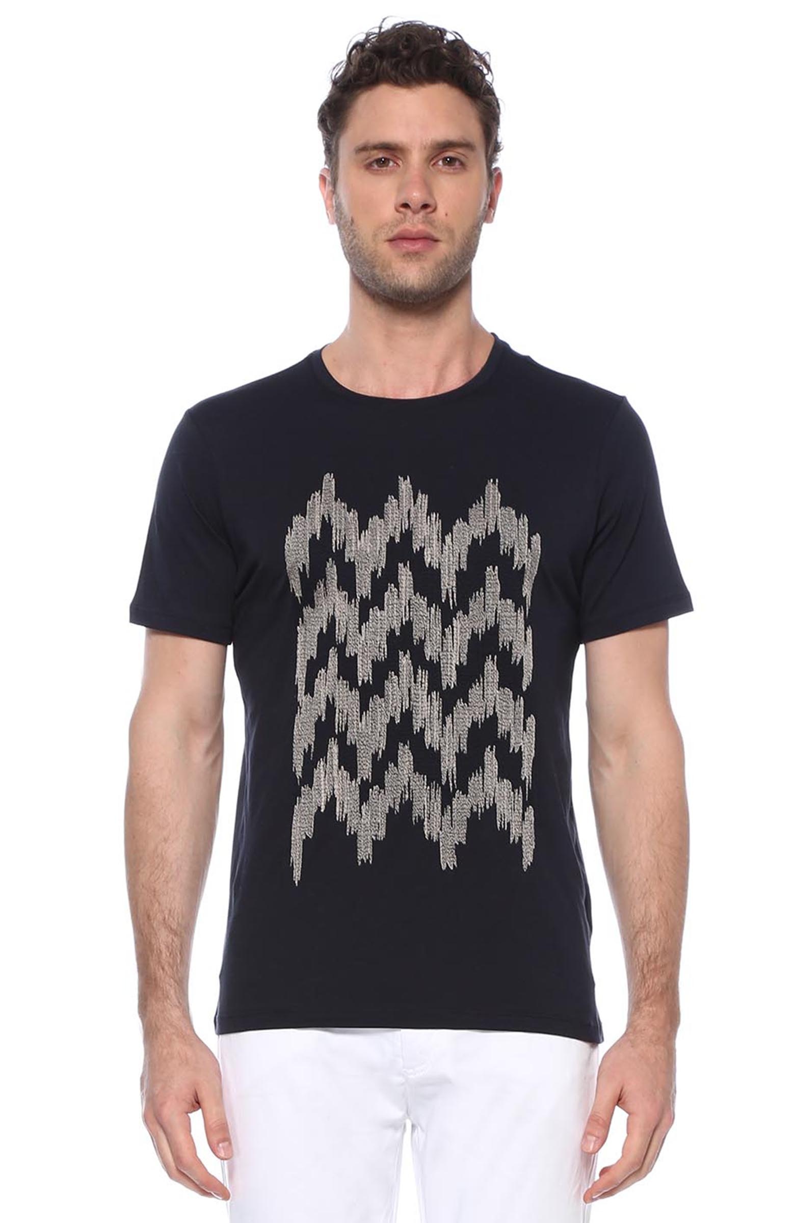 Slim Fit Lacivert Geometrik Nakışlı T-shirt