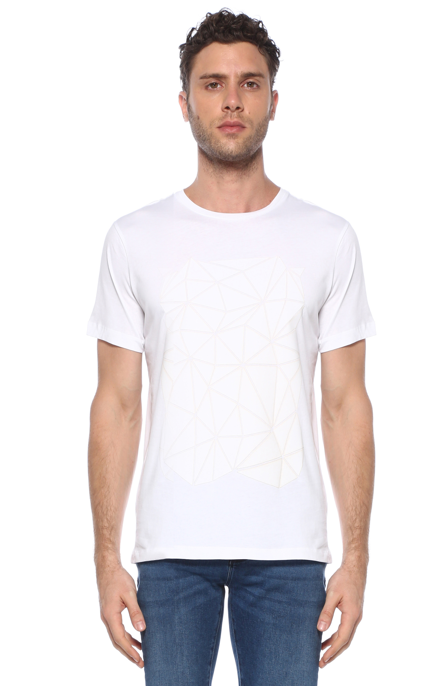 Beyaz Geometrik Desenli Basic T-Shirt