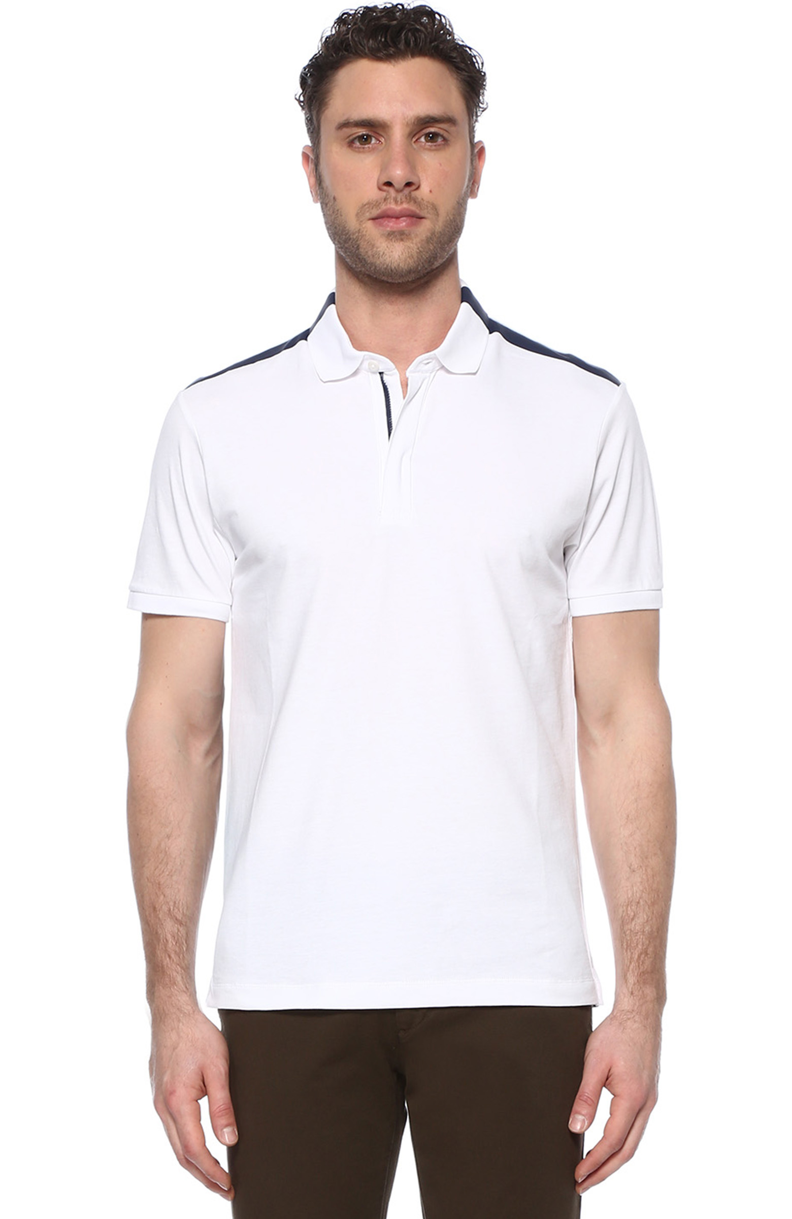 Slim Fit Beyaz Polo Yaka Şeritli T-shirt Slim Fit Beyaz Polo Yaka Şeritli T-shirt