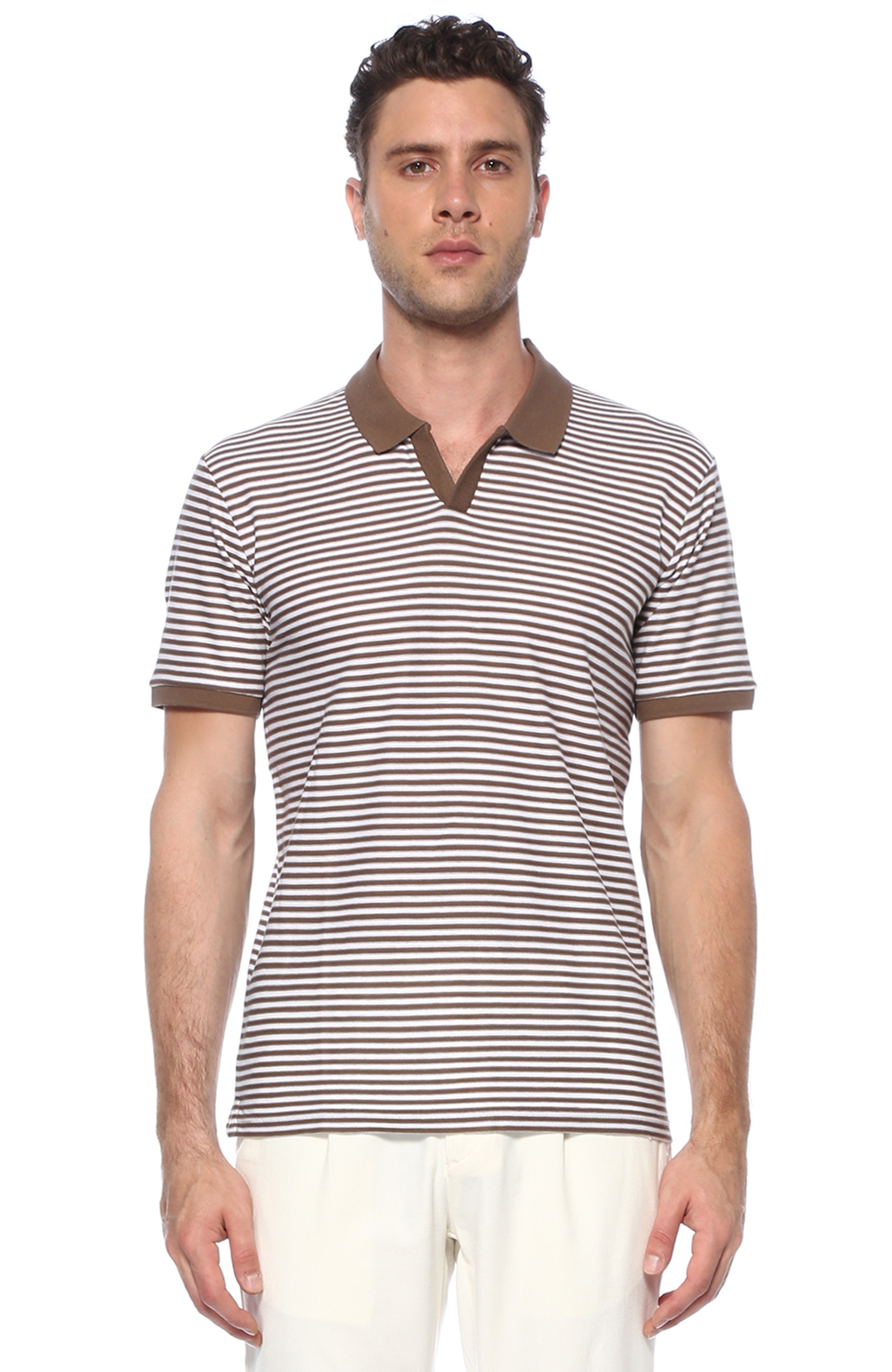 Slim Fit Vizon Beyaz Polo Yaka Çizgili T-shirt Slim Fit Vizon Beyaz Polo Yaka Çizgili T-shirt