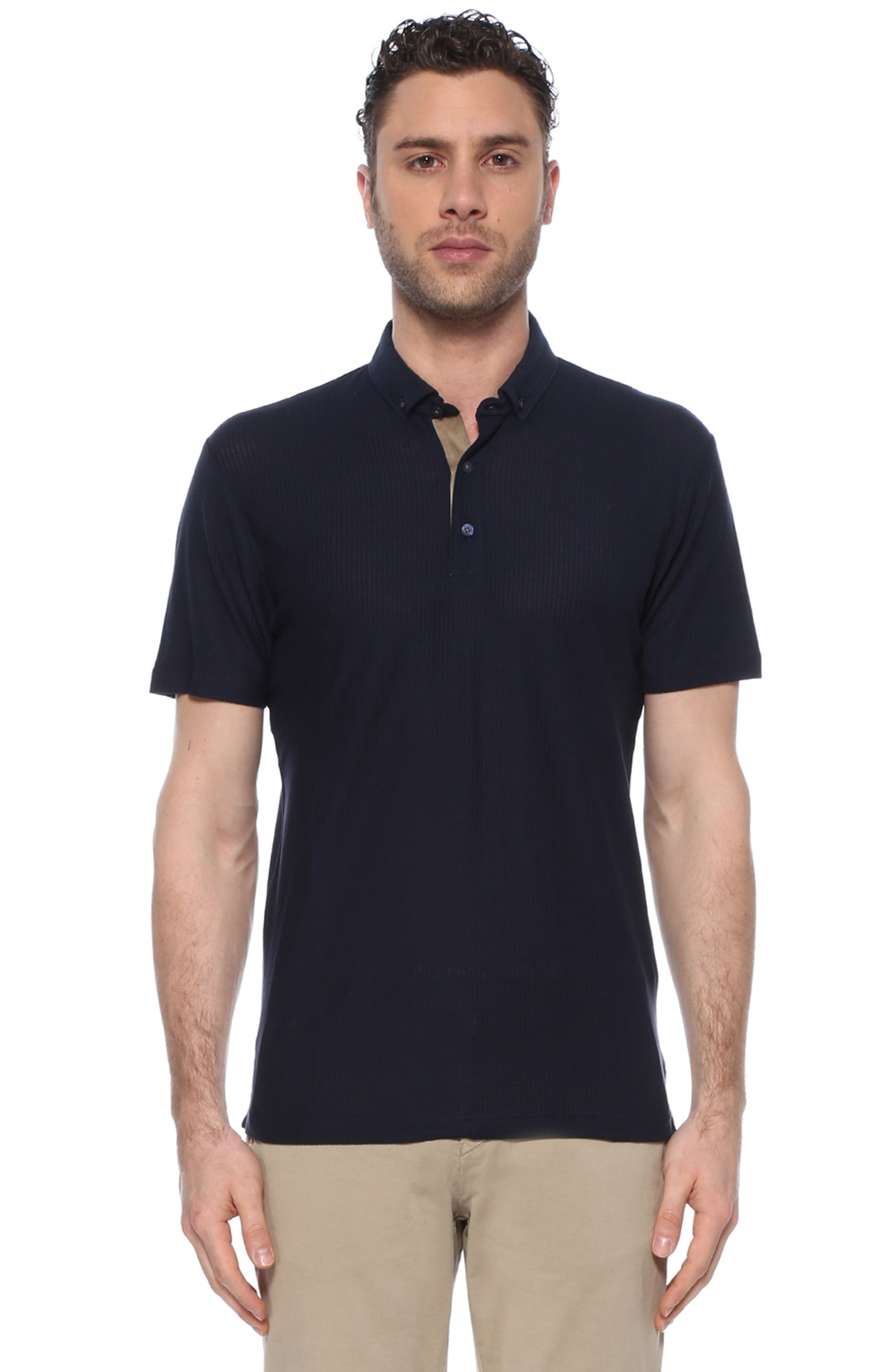 Slim Fit Lacivert Desenli Yaka Detaylı T-shirt Slim Fit Lacivert Desenli Yaka Detaylı T-shirt