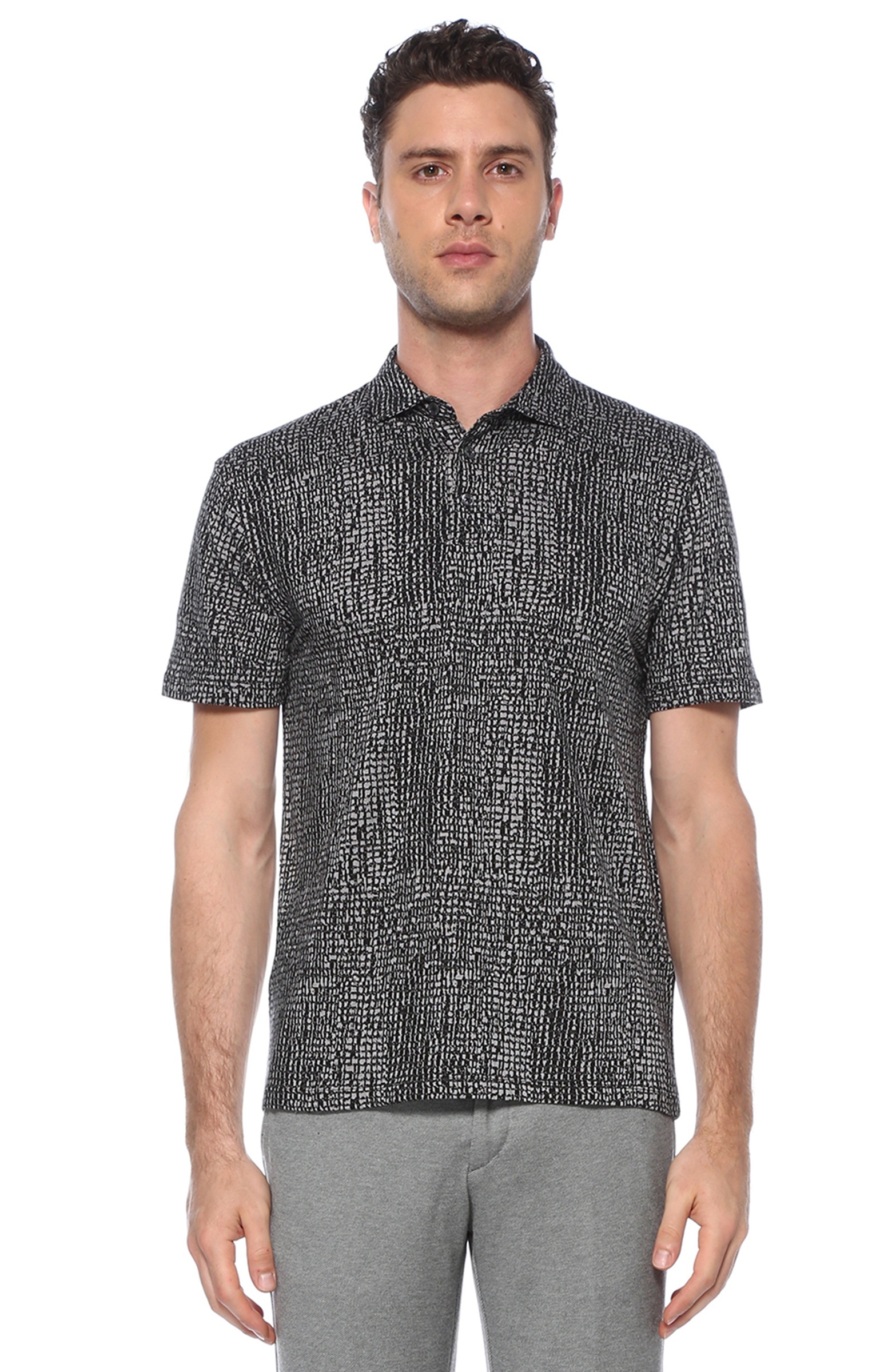 Slim Fit Siyah Polo Yaka Kabartmalı Desenli Tshirt